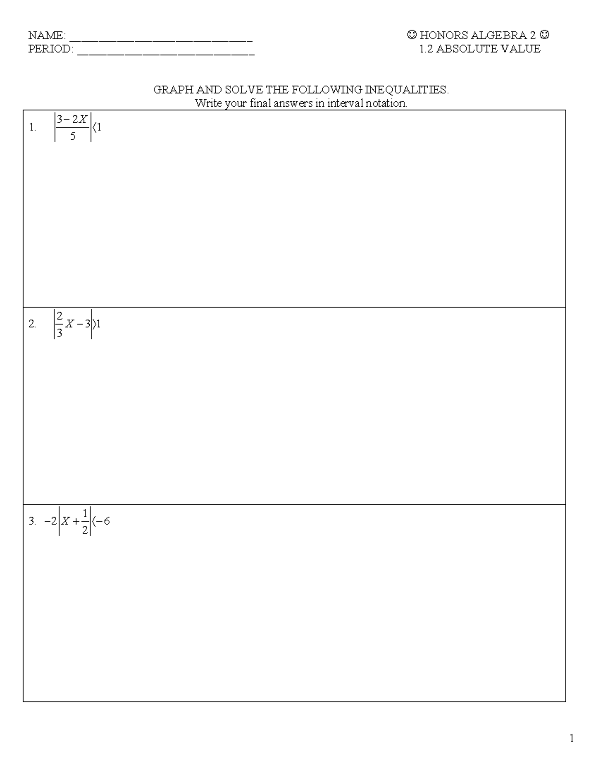 Honors Algebra 2: Absolute Value Inequalities Practice Sheet - Studocu