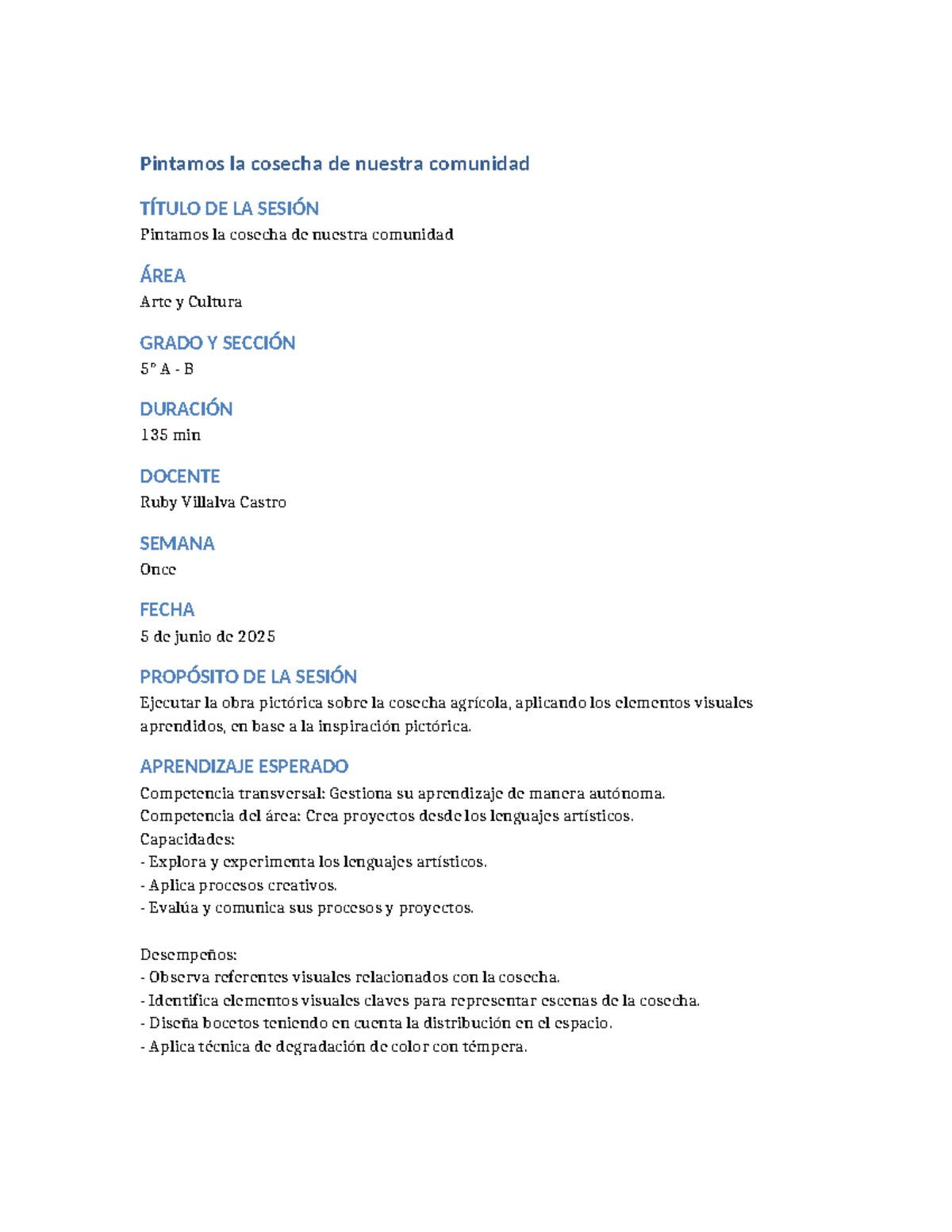 Pintamos la Cosecha: Sesión de Arte y Cultura - Grado A B - Studocu