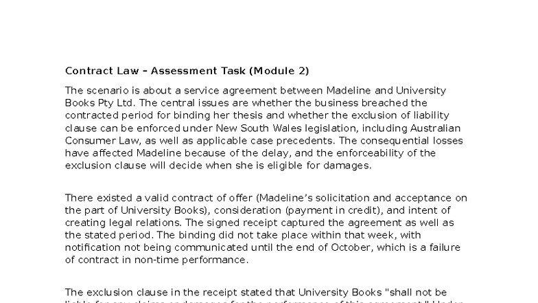 Contract Law – Assessment Task (Module 2): Service Agreement Analysis ...