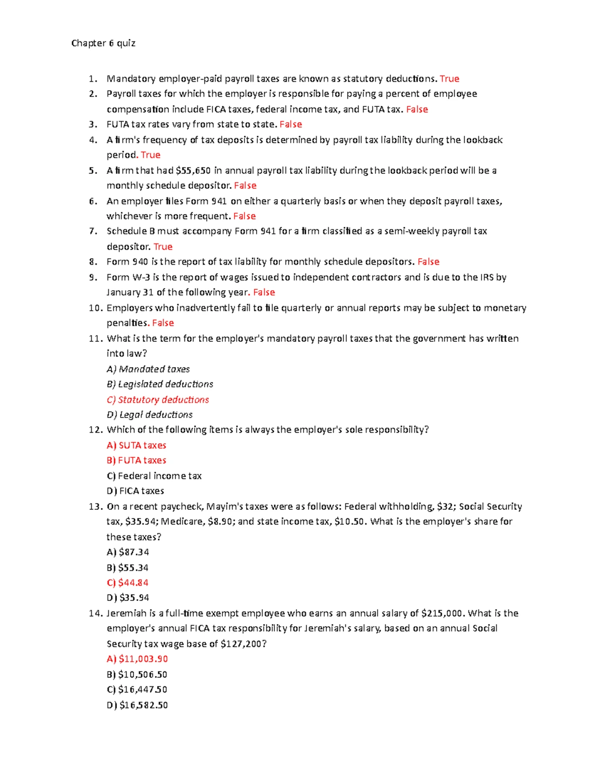 Chapter 5 quiz - employee net pay and pay methods, compute social ...