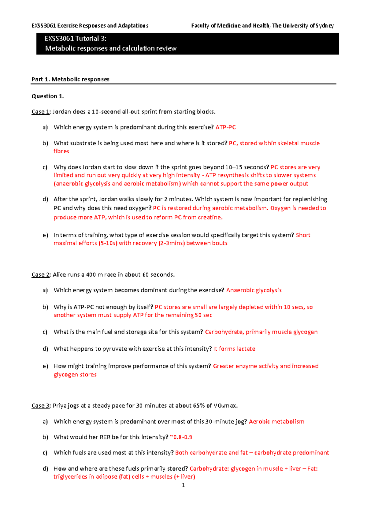 EXSS3061 Tutorial 3: Metabolic Responses Review - Studocu