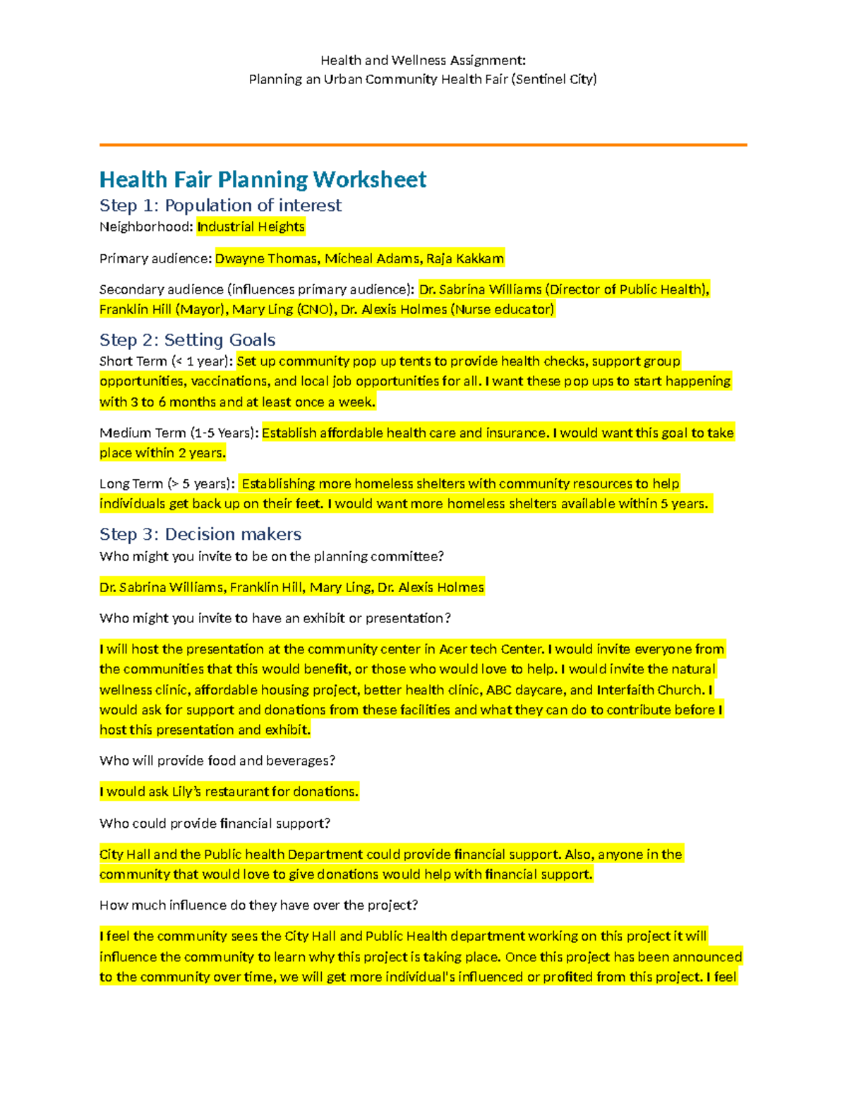 Health and Wellness Assignment 1: Urban Community Health Fair Planning ...