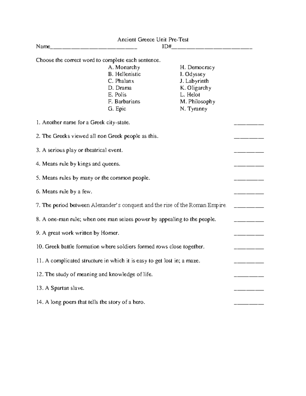 89234134 Ancient Greece Unit Pre-Test: Vocabulary & MCQs - Studocu
