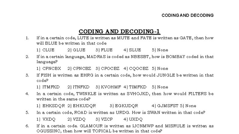 Reasoning CODING AND DECODING - Practice Questions 1 - Studocu