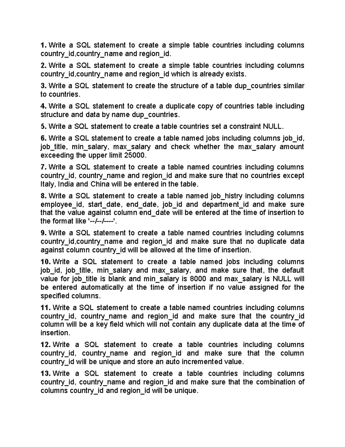 Create Table SQL Exercises - CS101 - Studocu