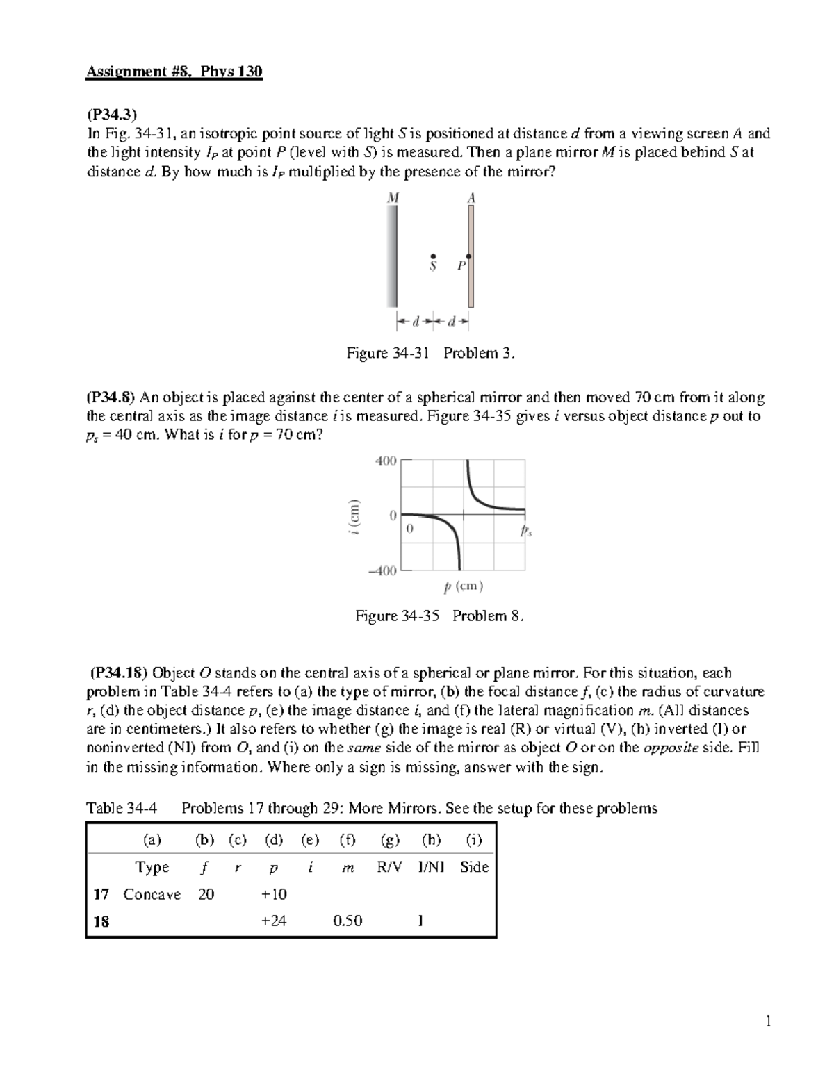 Assignment 8 - Phys 130: Light Intensity & Mirror Problems - Studocu