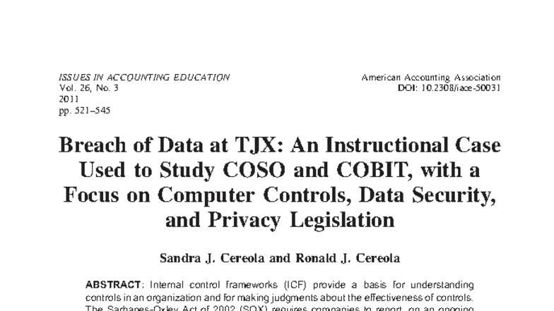 Breach of Data at TJX: An Instructional Case on COSO & COBIT (ACC 101 ...