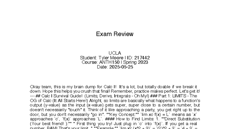 Calc I Final Exam Review: Limits, Derivatives, Integrals (ANTH150) - Studocu
