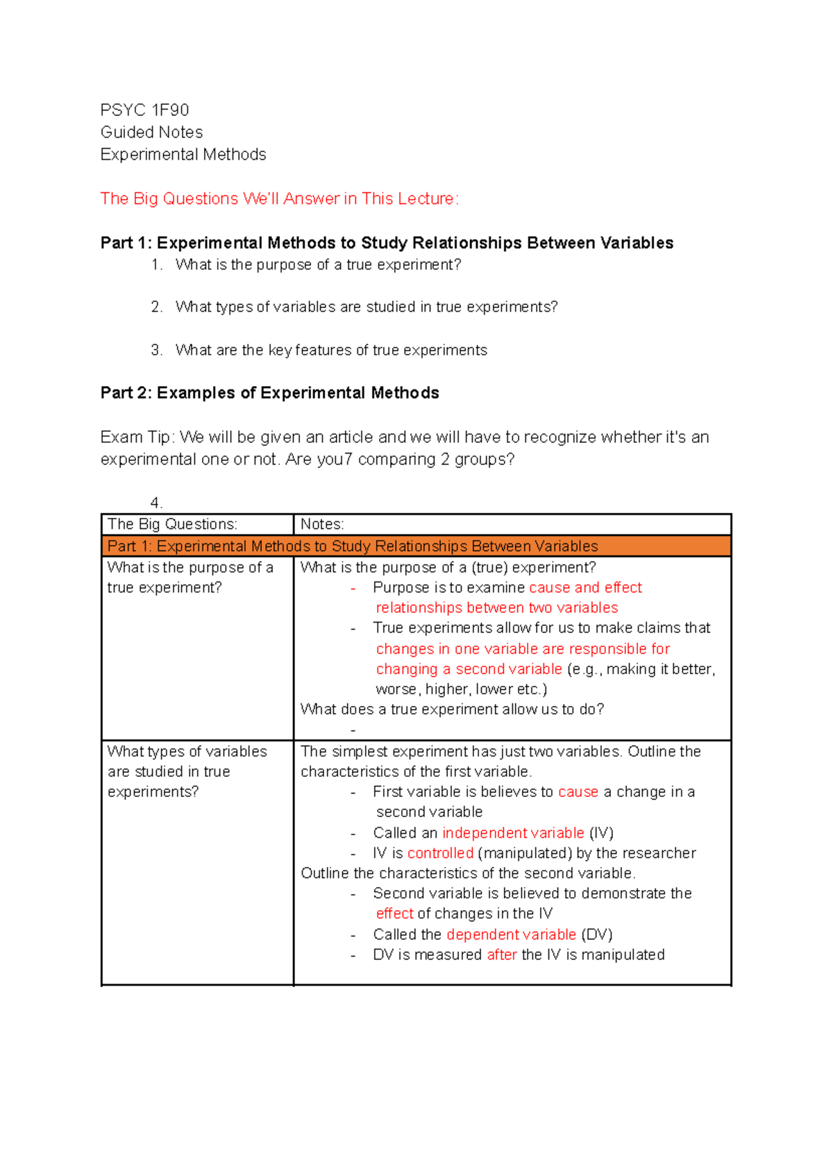 PSYC 1F90 Lecture Notes: Experimental Methods Overview - Studocu