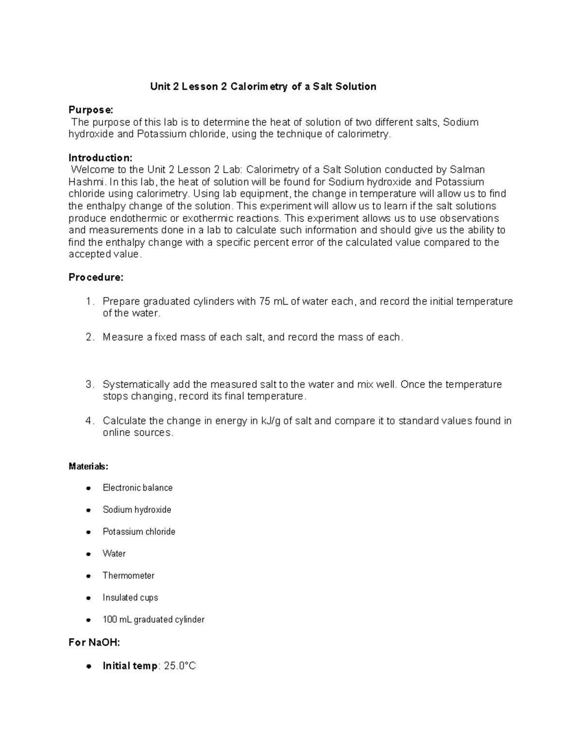 Unit 2 Lesson 2 Lab: Calorimetry of Salt Solutions Analysis - Studocu