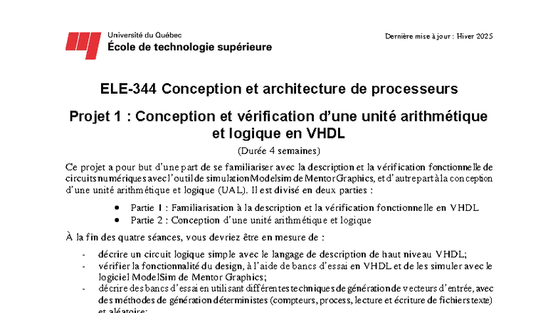 Projet 1 : Conception et Vérification UAL en VHDL - Hiver 2025 - Studocu