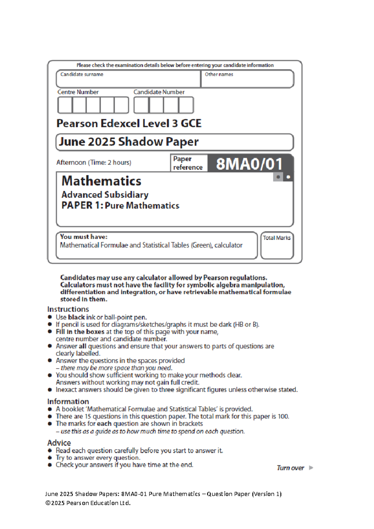 June 2025 8MA0-01 AS Pure Mathematics 1 Shadow Paper - Studocu