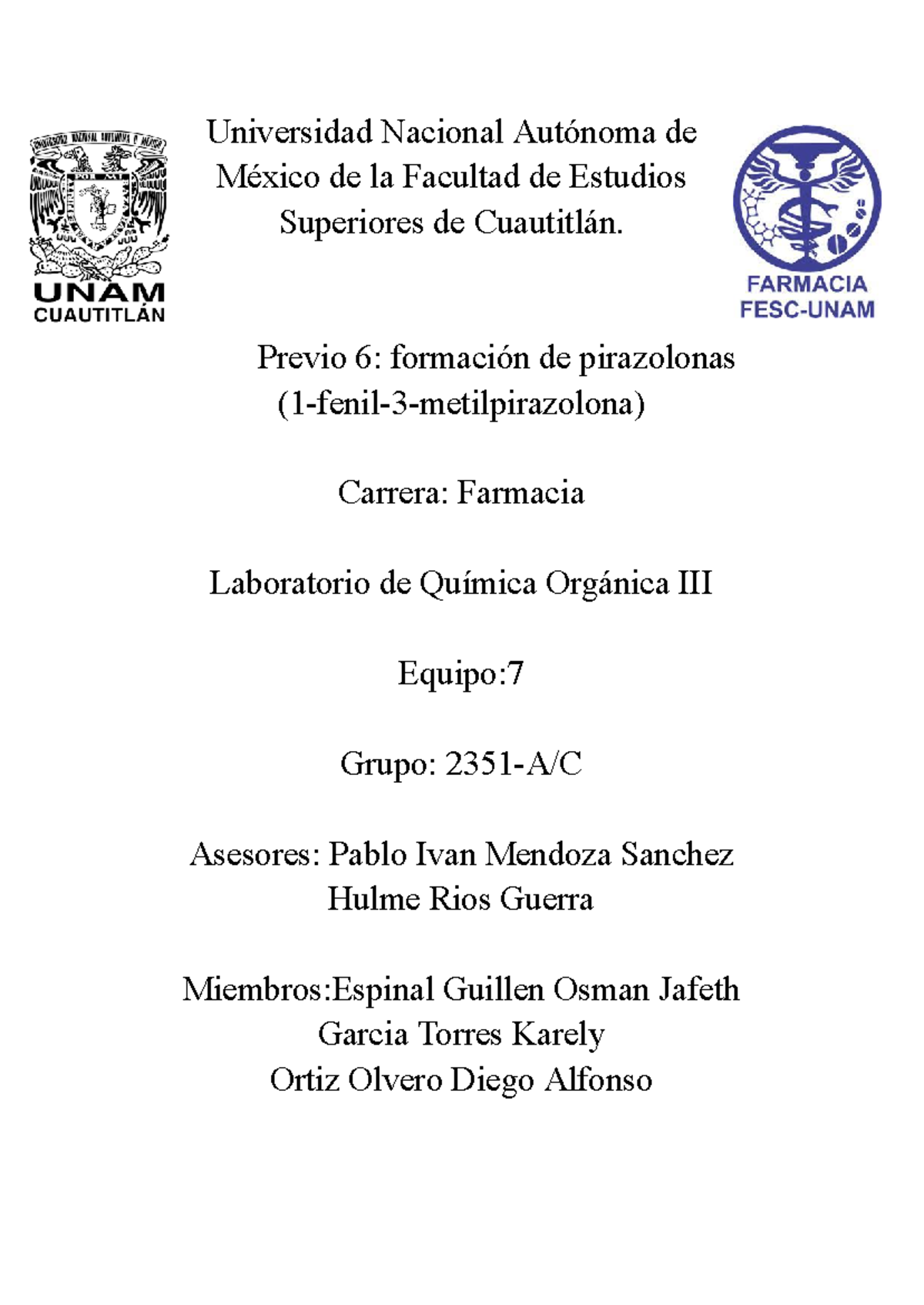 P6. Previos de Laboratorio: Síntesis de Pirazolonas en Farmacia - Studocu