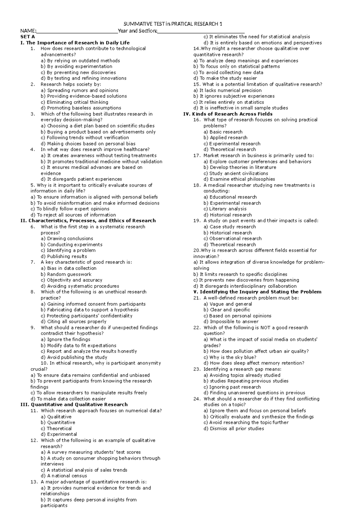 Practical Research I Summative Test - SUMMATIVE TEST in PRATICAL ...