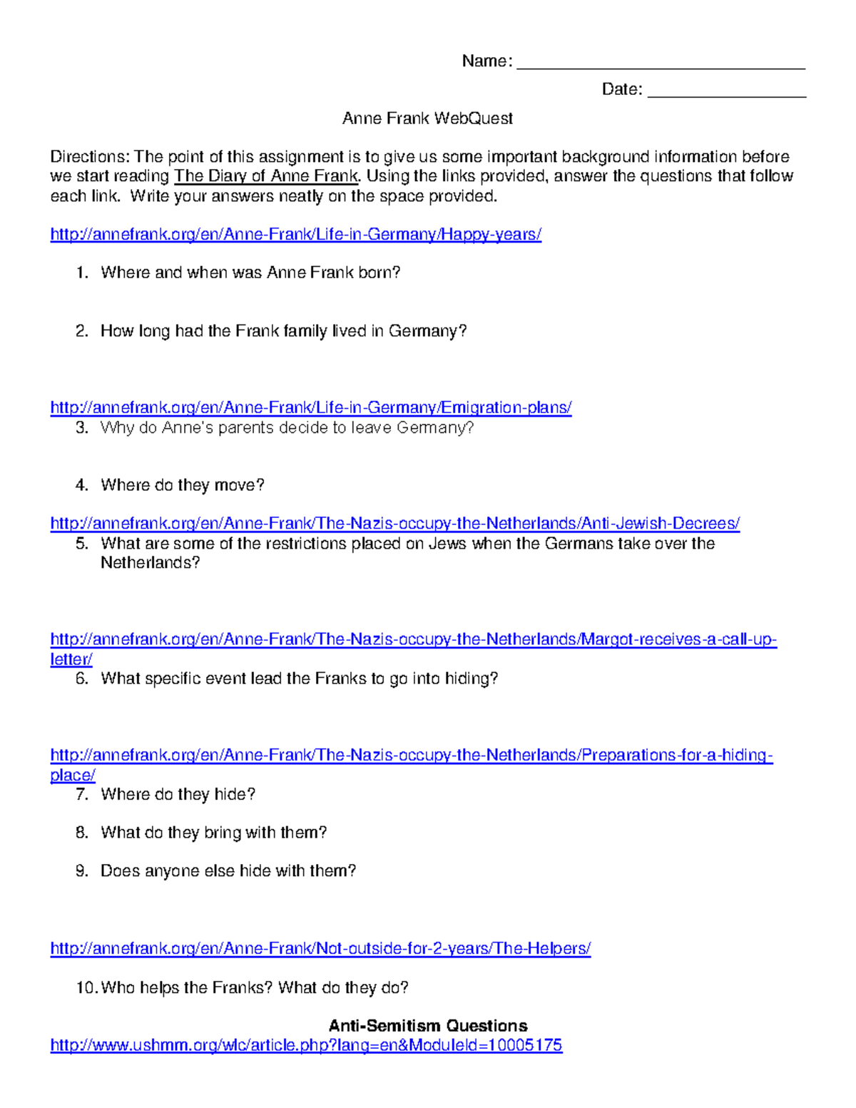 Diaryof Anne Frank Webquest - Name ...