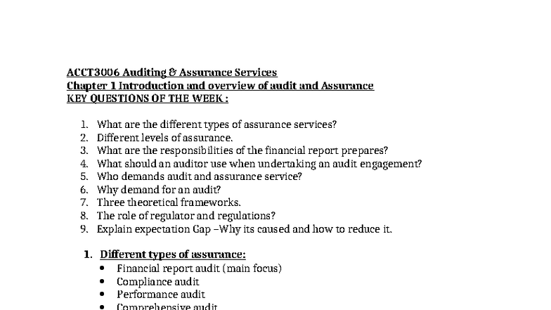 ACCT3006 Auditing Assurance Services: Chapter 1 Key Questions - Studocu