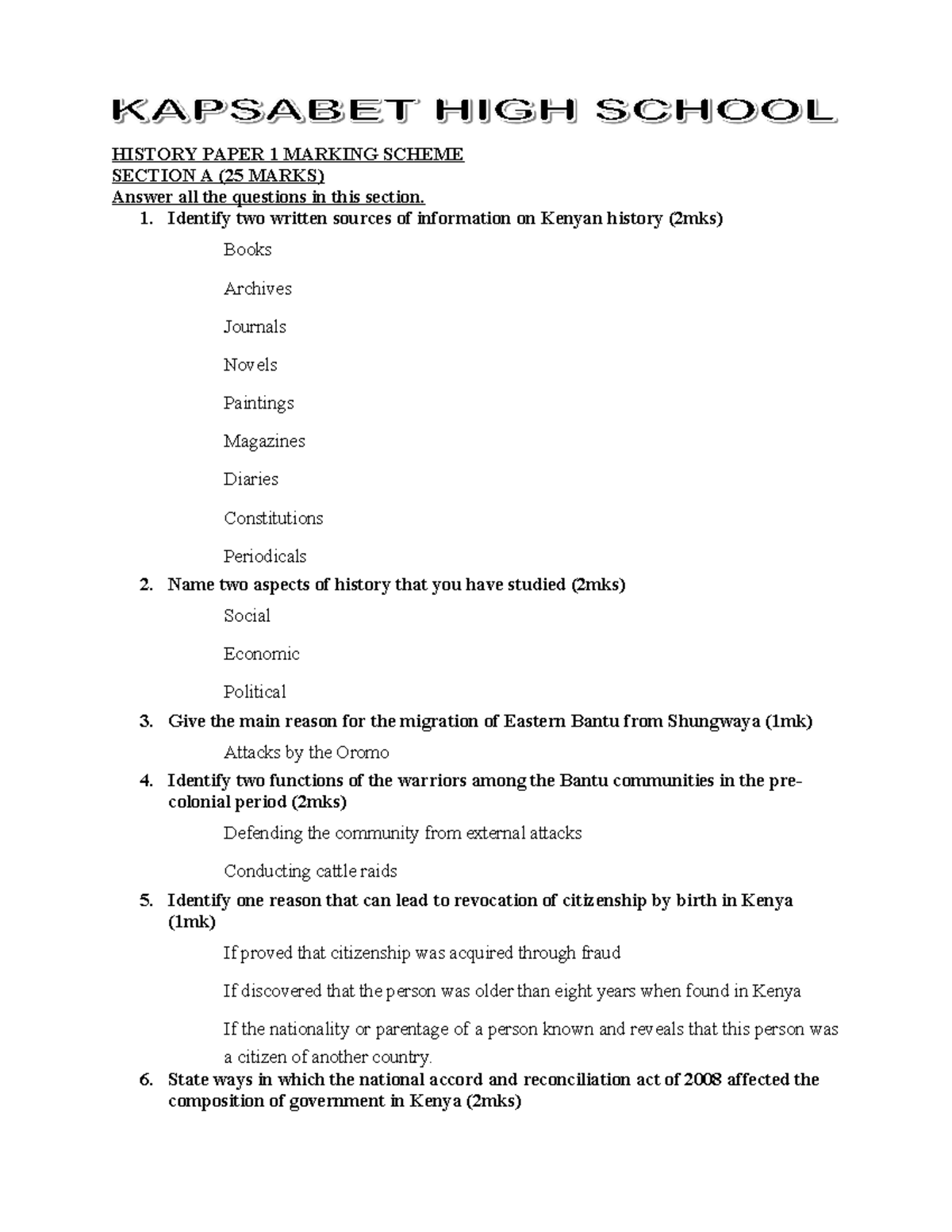 History PP1 Marking Scheme Analysis and Key Points - Studocu