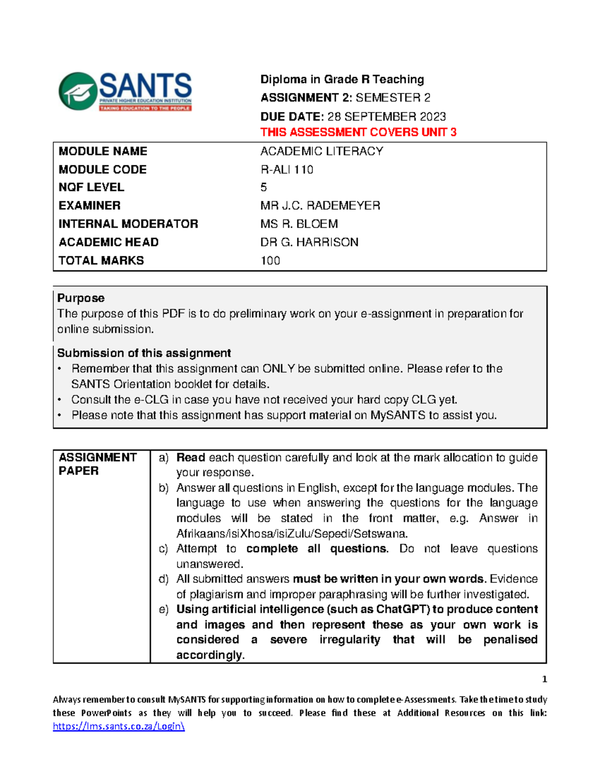 Academic literacy assignment 2 - 1 Always remember to consult MySANTS ...