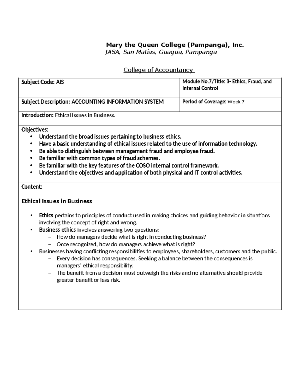 AIS Module 7: Ethics, Fraud, and Internal Control Overview - Studocu