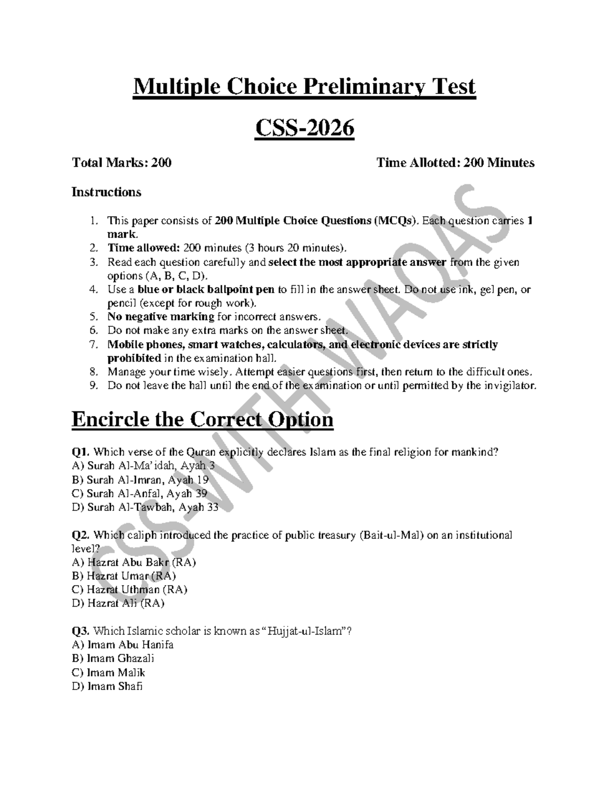 MPT Mock Test 2: Multiple Choice Questions (Total Marks: 200) - Studocu