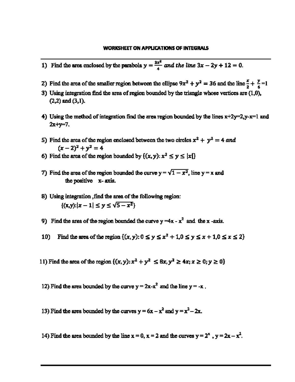Worksheet on Applications of Integrals: Area Calculations - Studocu