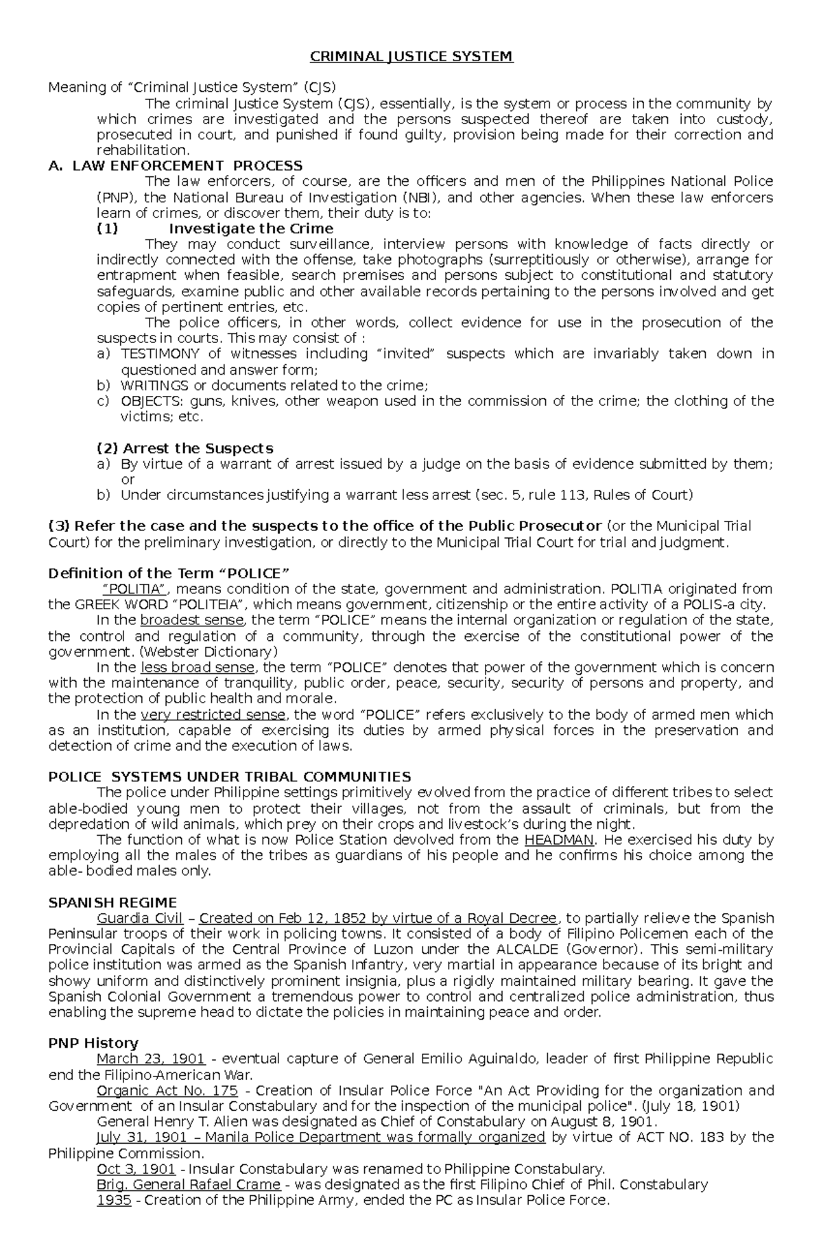 Lecture Notes on Criminal Justice System (CJS) Overview and Processes ...