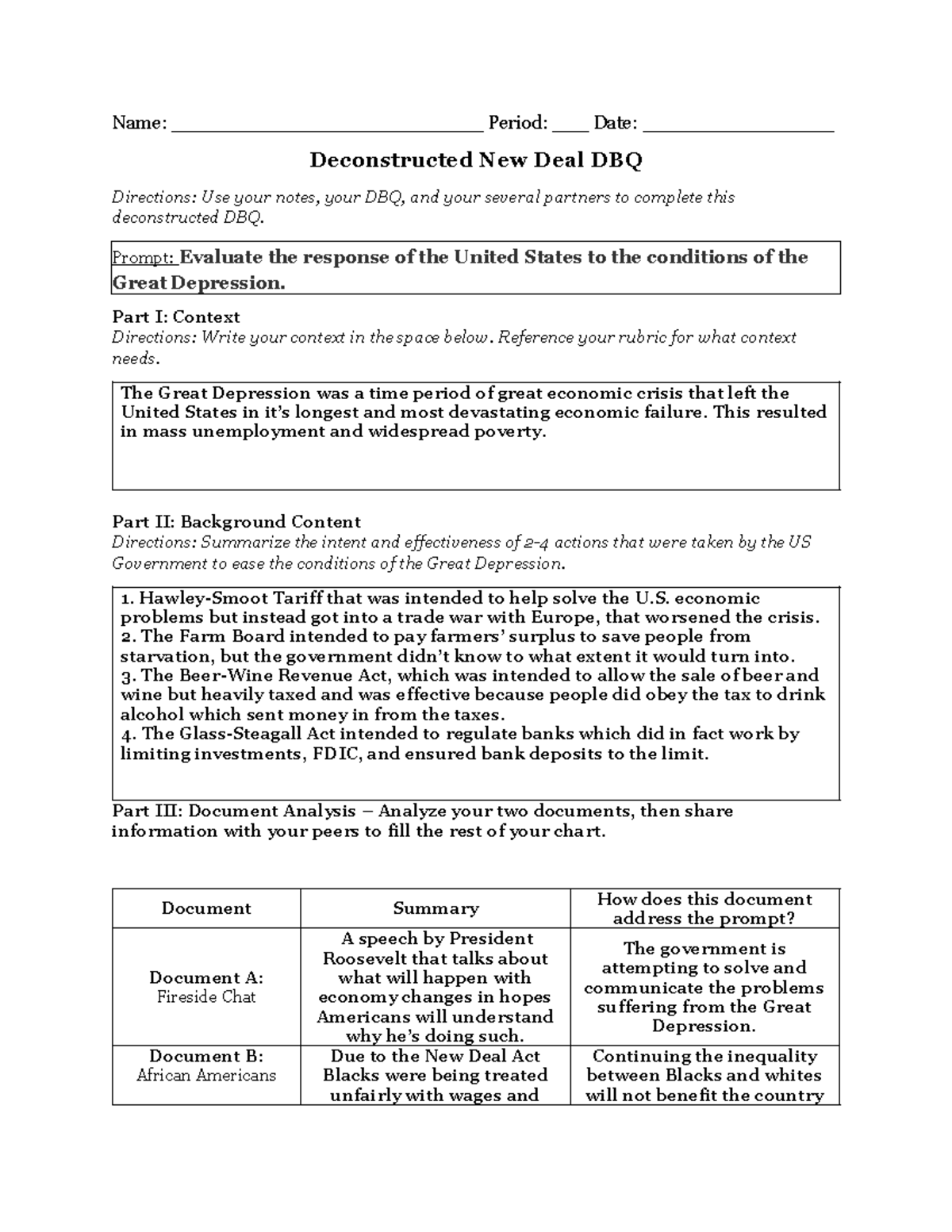 New Deal Analysis DBQ: Addressing the Great Depression Challenges - Studocu