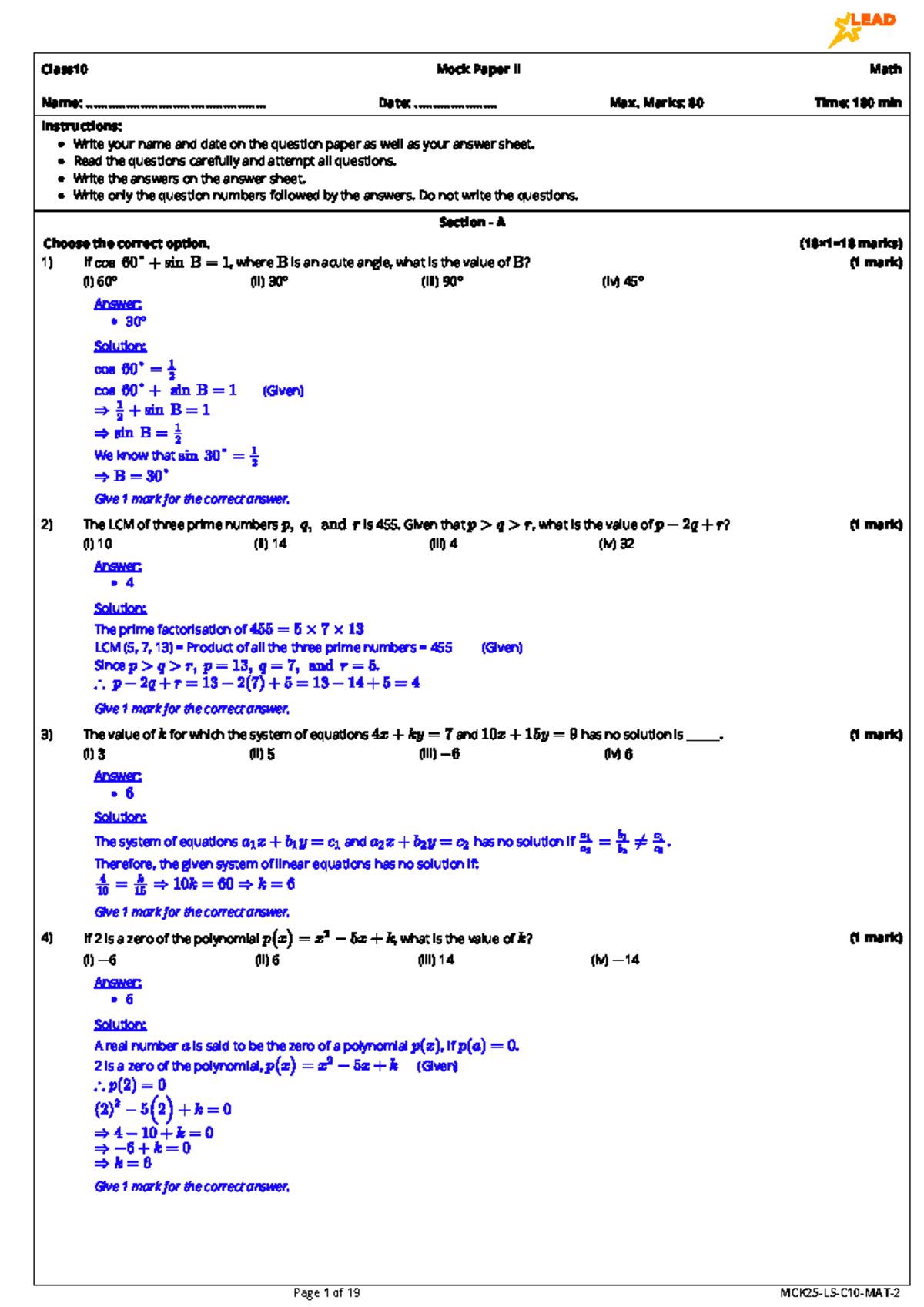 Class10 Math Mock Paper II Answer Key - Studocu