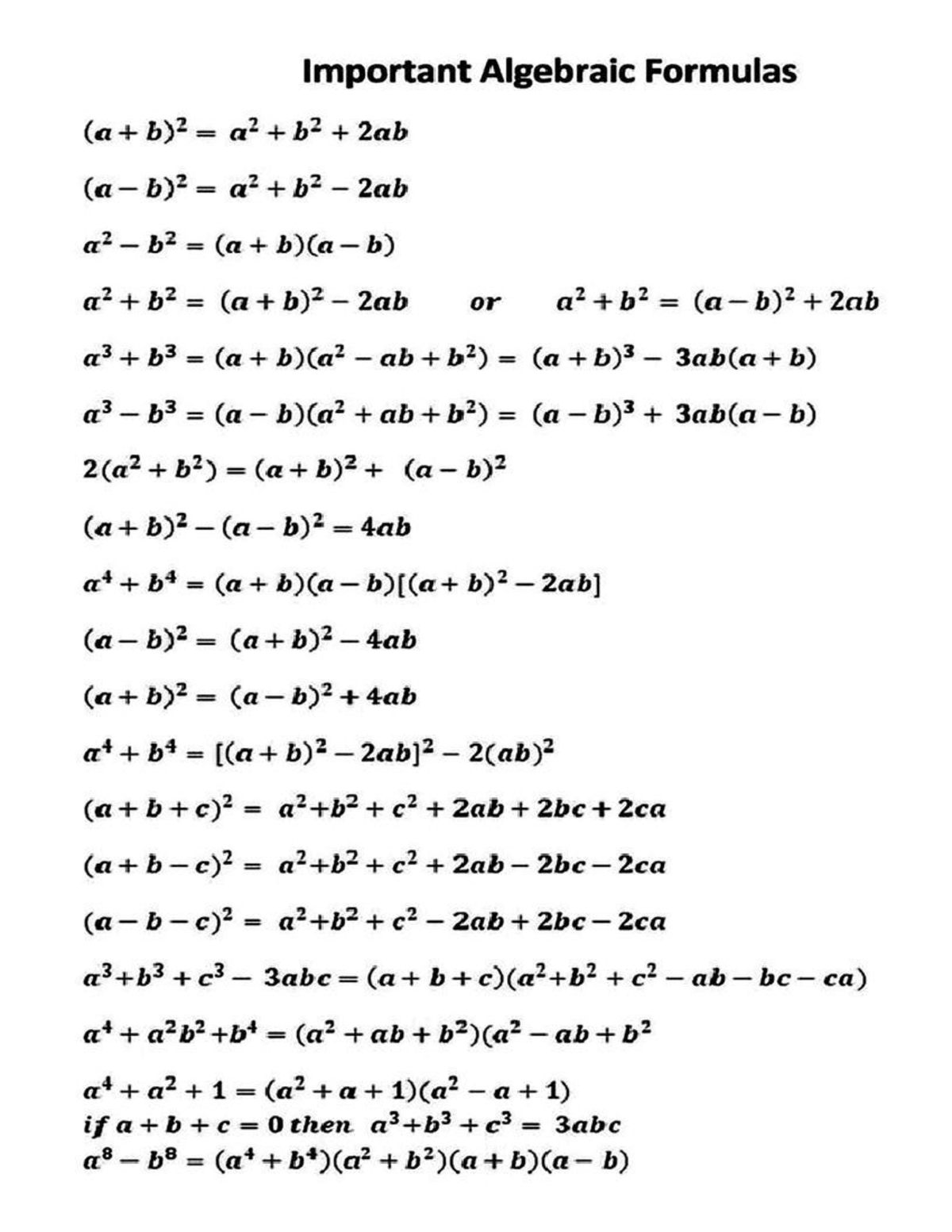 Important Algebraic Formulas - Third Class Notes (MATH 101) - Studocu