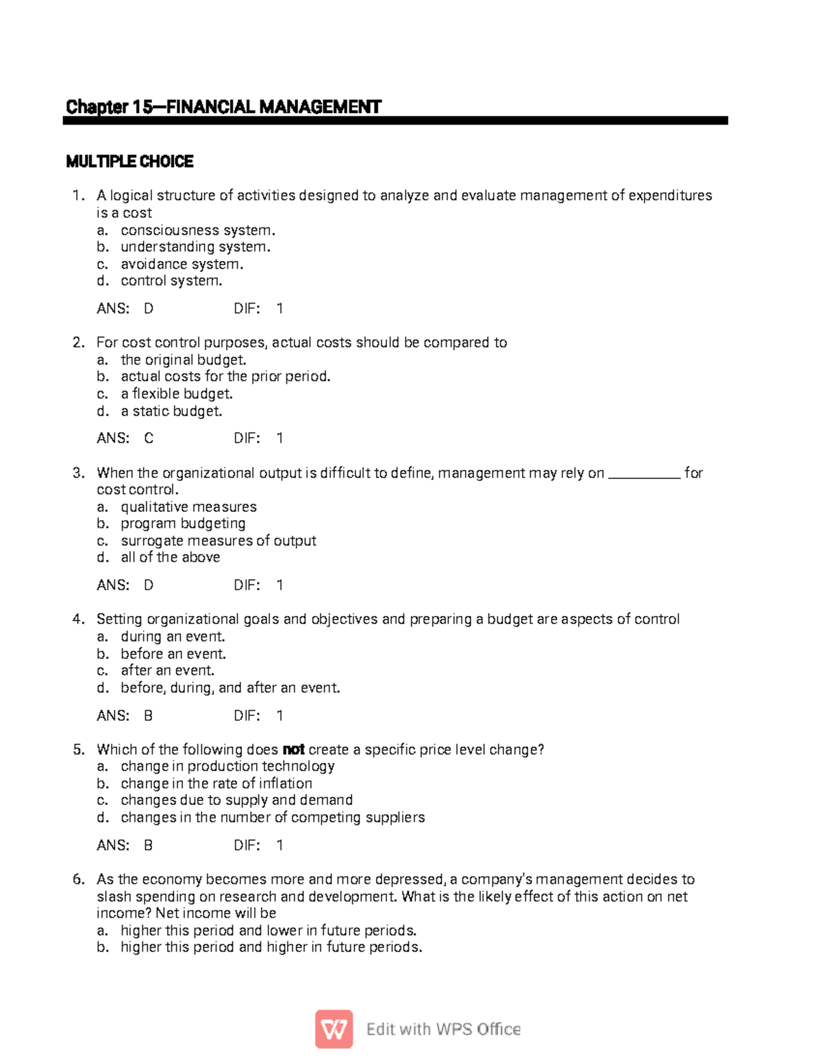 Chapter 15: Financial Management - Multiple Choice Questions - Studocu
