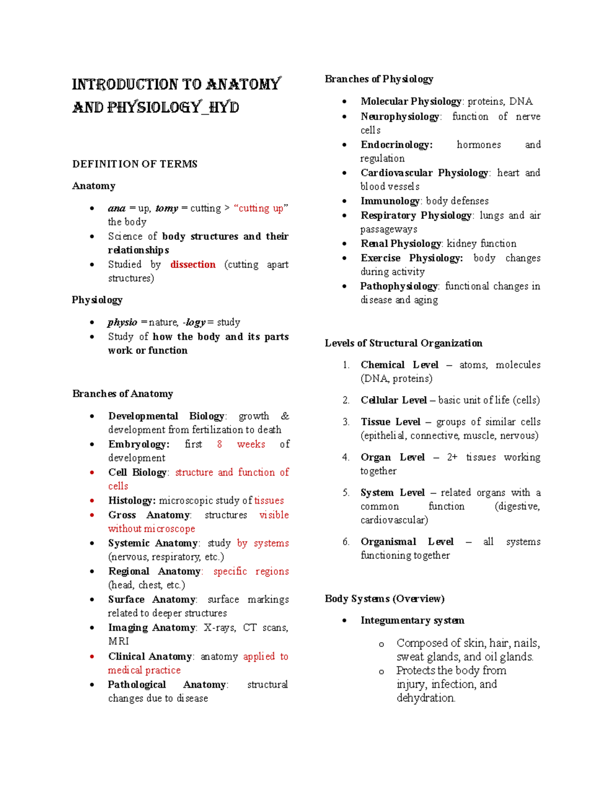 Introduction to Anatomy and Physiology (HYD) - Key Concepts and Terms ...
