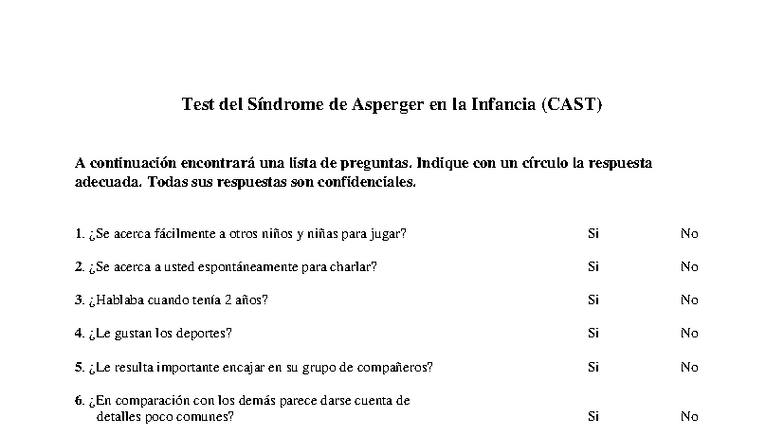 Test del Síndrome de Asperger en la Infancia (CAST) - Fichas Educativas ...