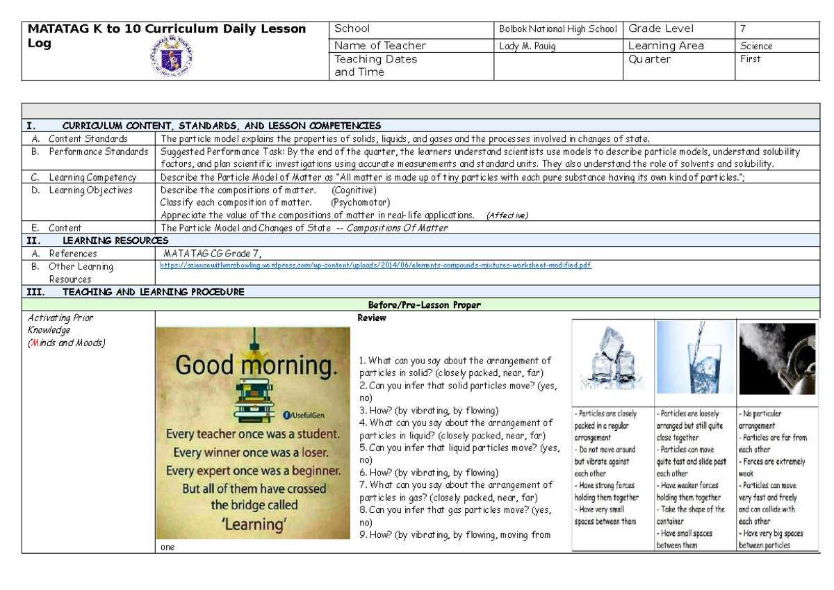 LE LC 2 - Lesson Exemplar on Particle Model of Matter for Grade 7 ...