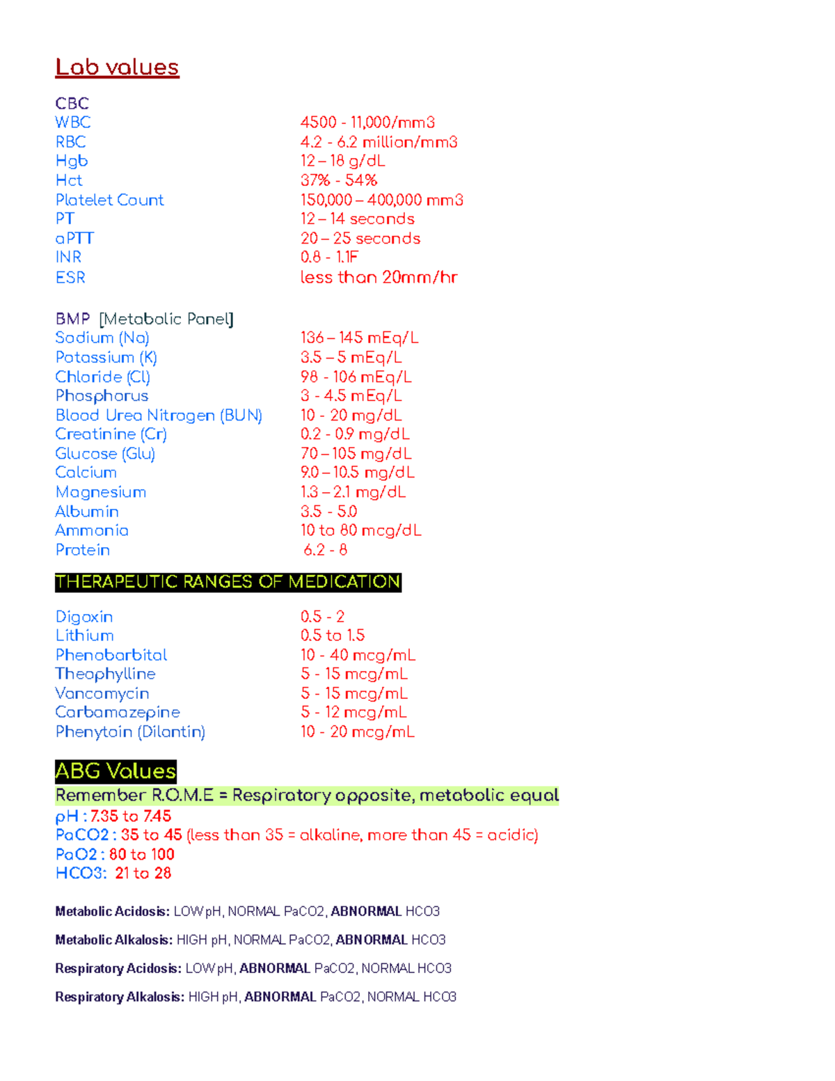 VN Review - ALL Subjects - Lab values CBC WBC 4500 - 11 , 000 /mm 3 RBC ...
