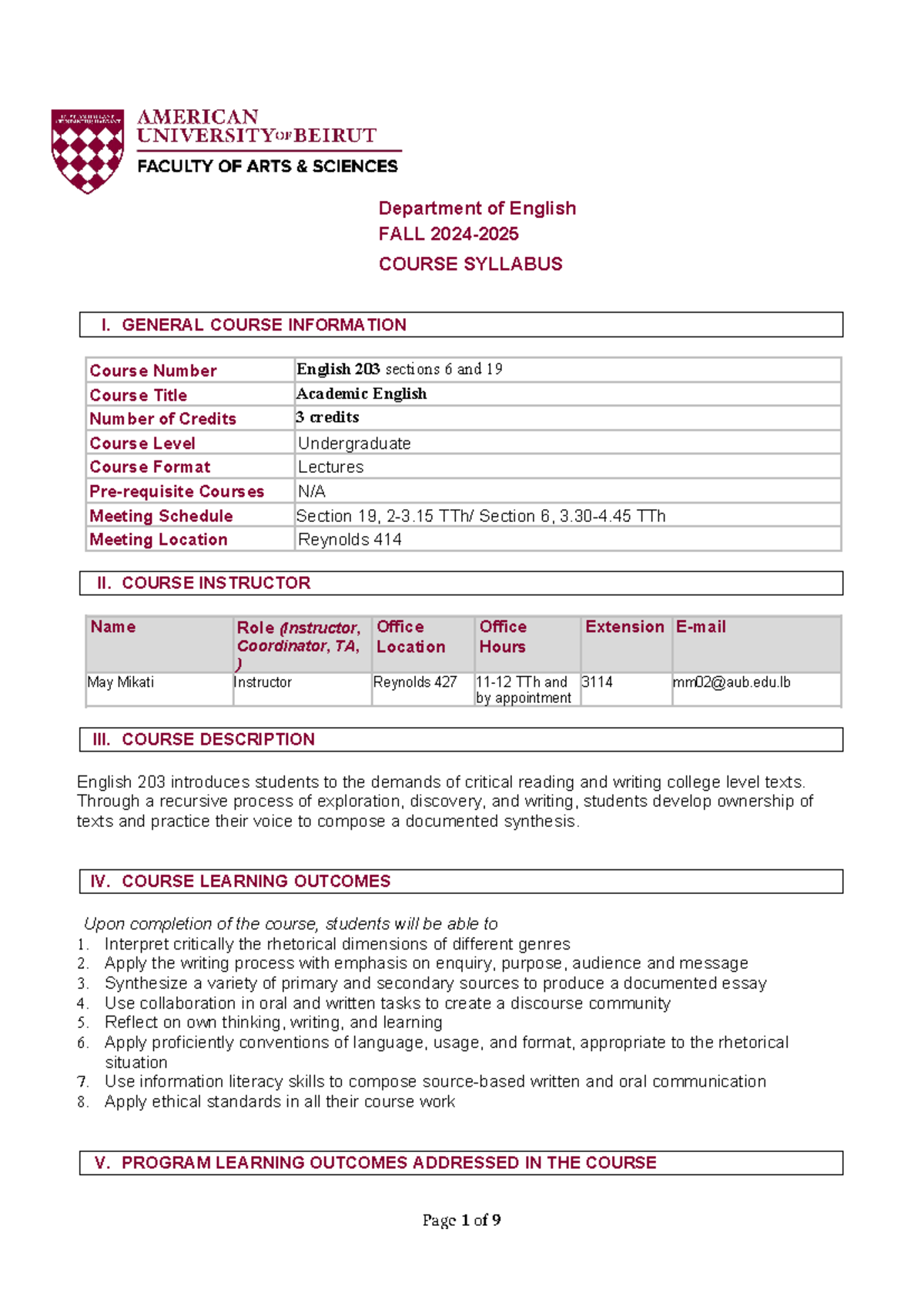 ENGL 203 Fall 2024-25 Syllabus for Sections 6 and 19 - Academic English ...