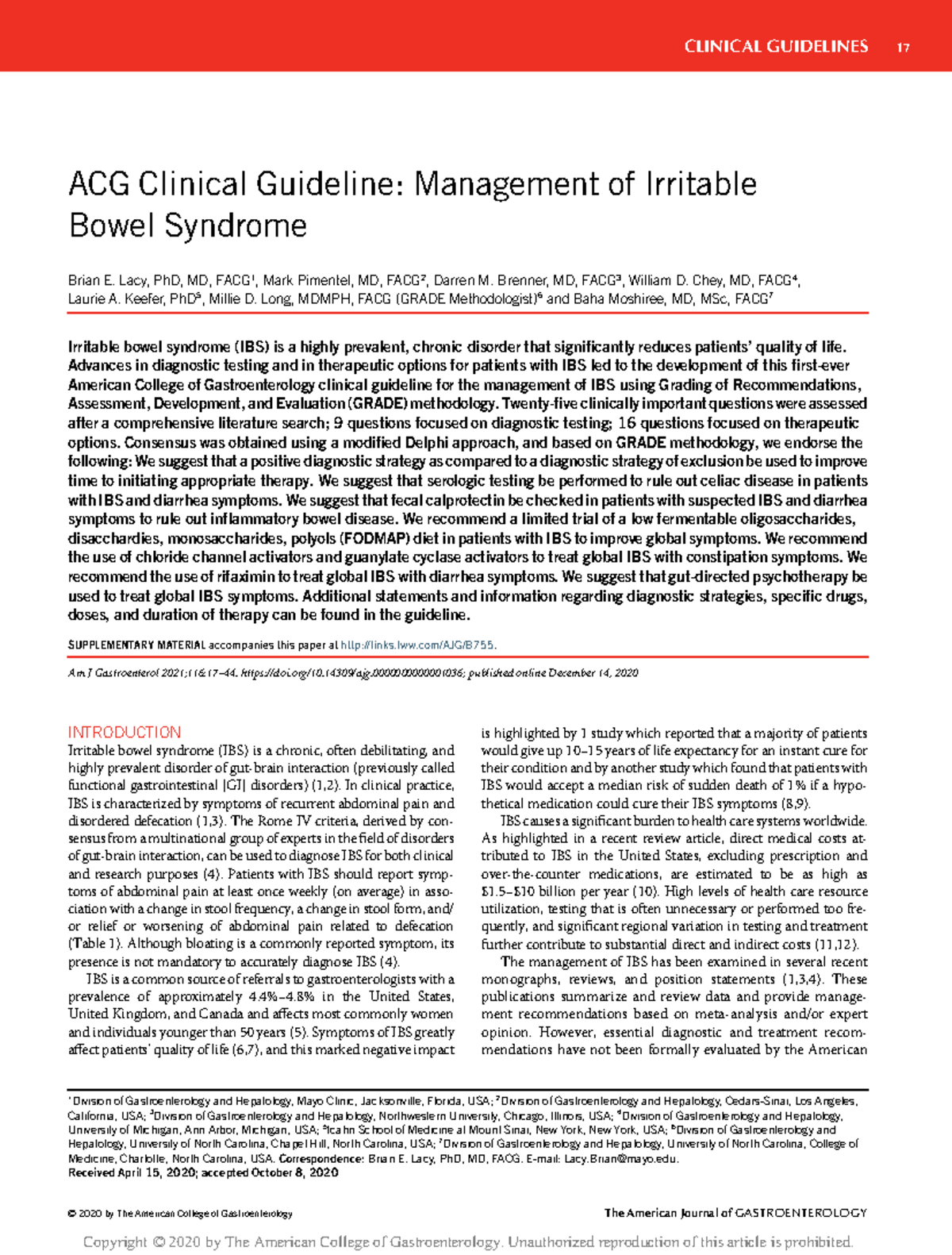 ACG Clinical Guidelines: Management of Irritable Bowel Syndrome (IBS) - Studocu