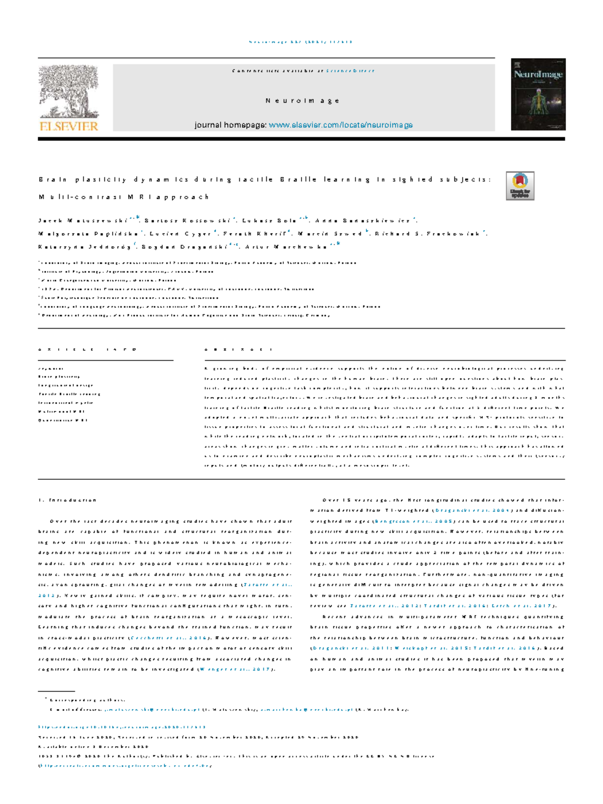 NeuroImage 227 (2021) 117613: Brain Plasticity Dynamics in Tactile ...