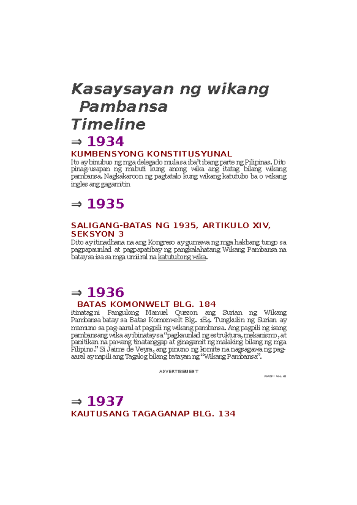 Kasaysayan ng Wikang Pambansa: Timeline hanggang 1997 - Studocu