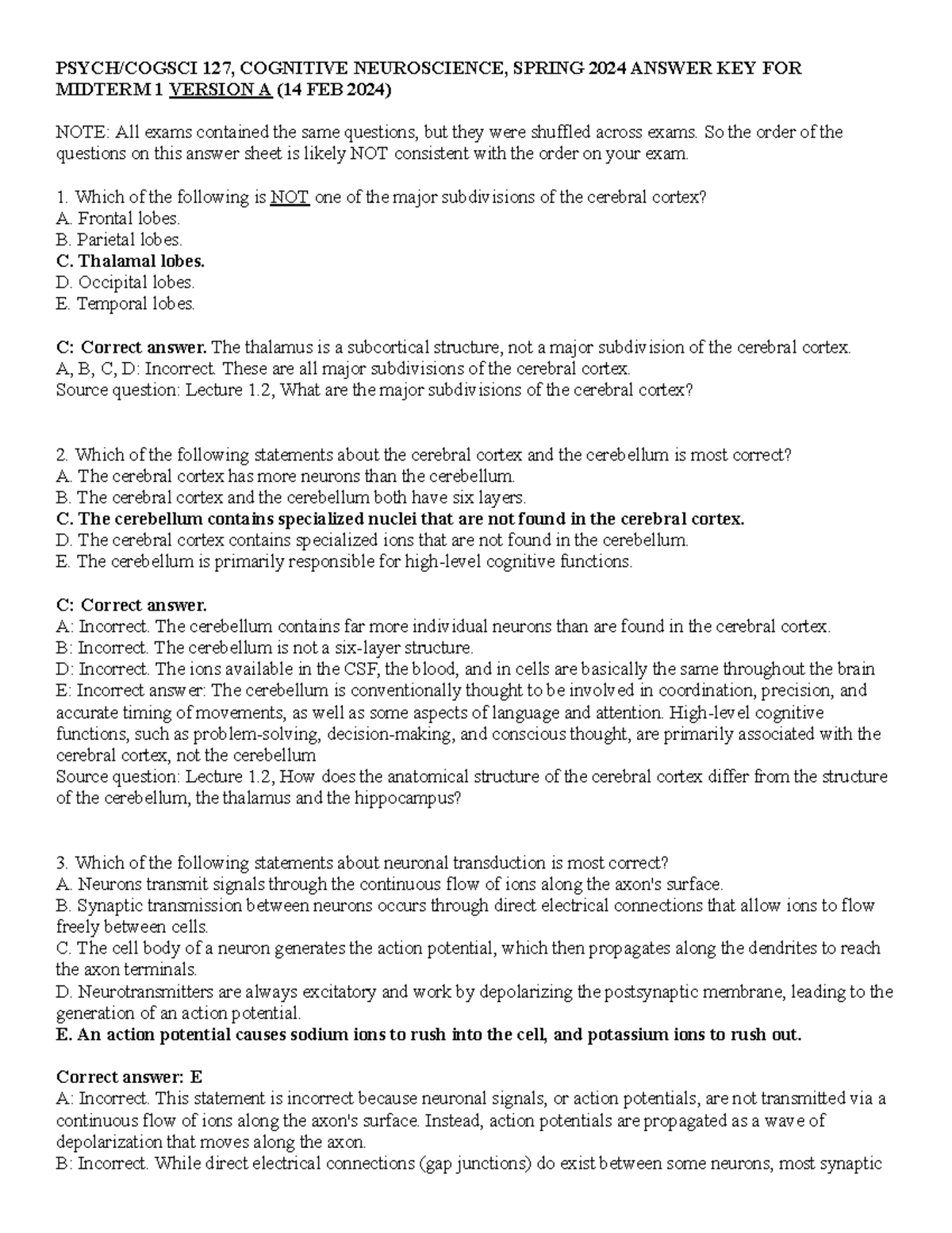 PSYCH/COGSCI 127 - Cognitive Neuroscience Midterm 1 Answer Key (Spring ...