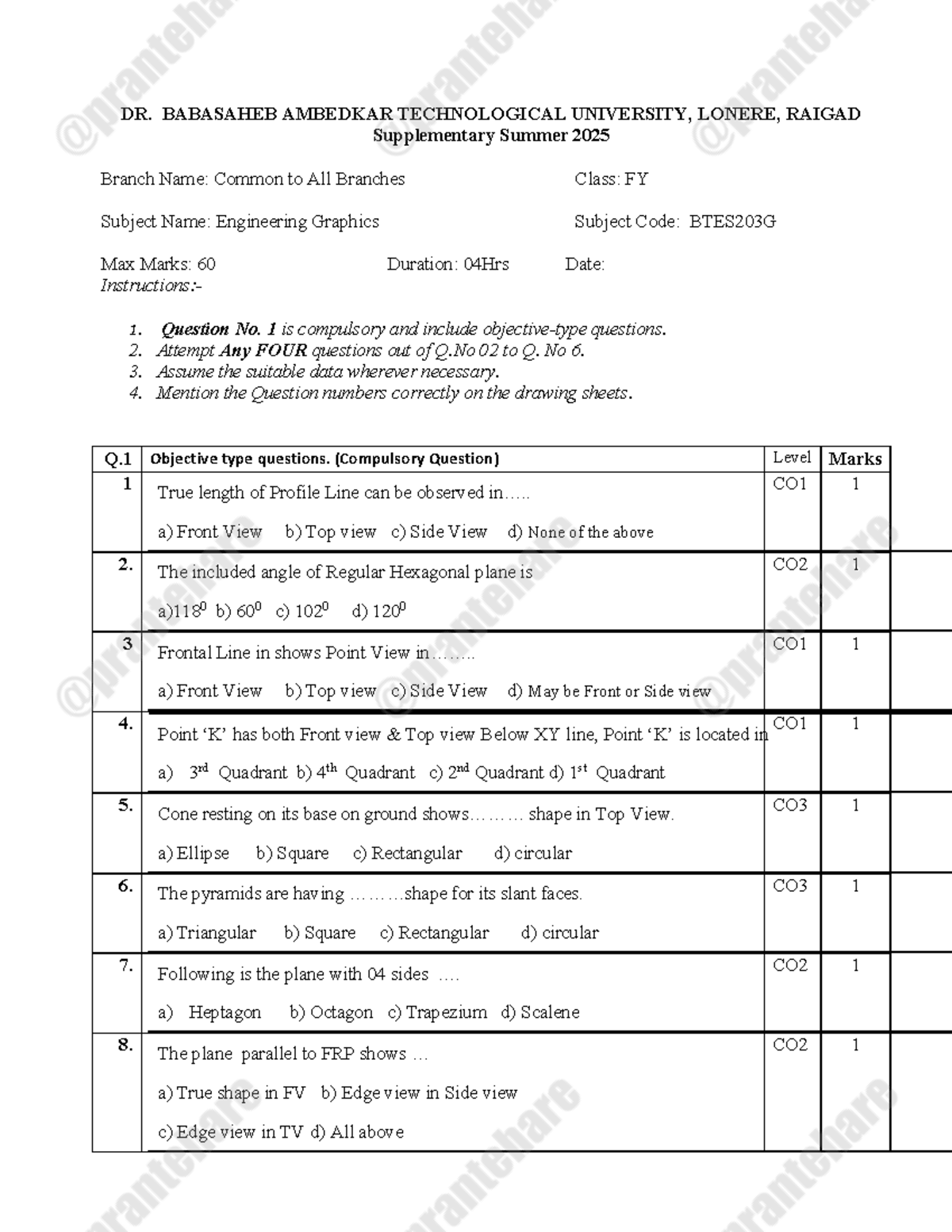 Engineering Graphics BTES203G Supplementary Exam Summer 2025 - Studocu