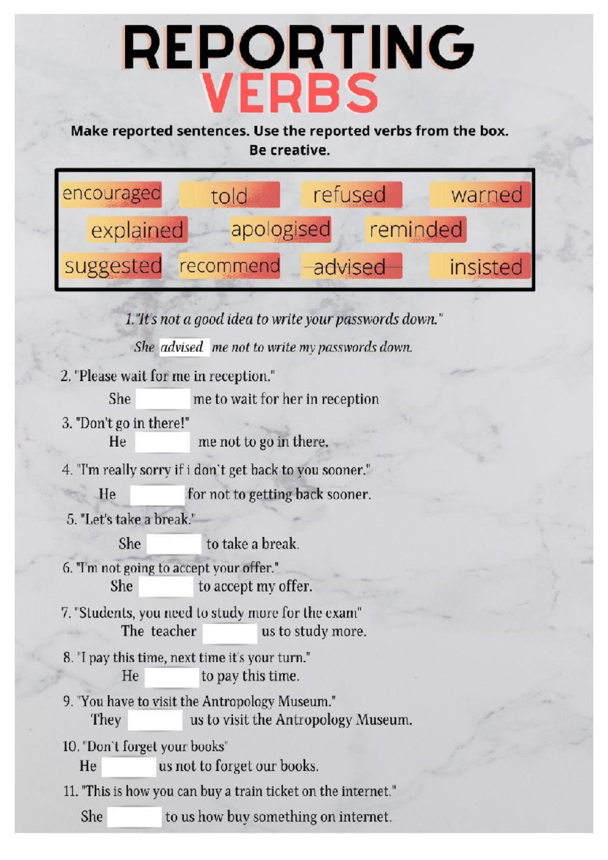 B1+ 11-6 - Reporting Verbs Practice and Examples - Studocu