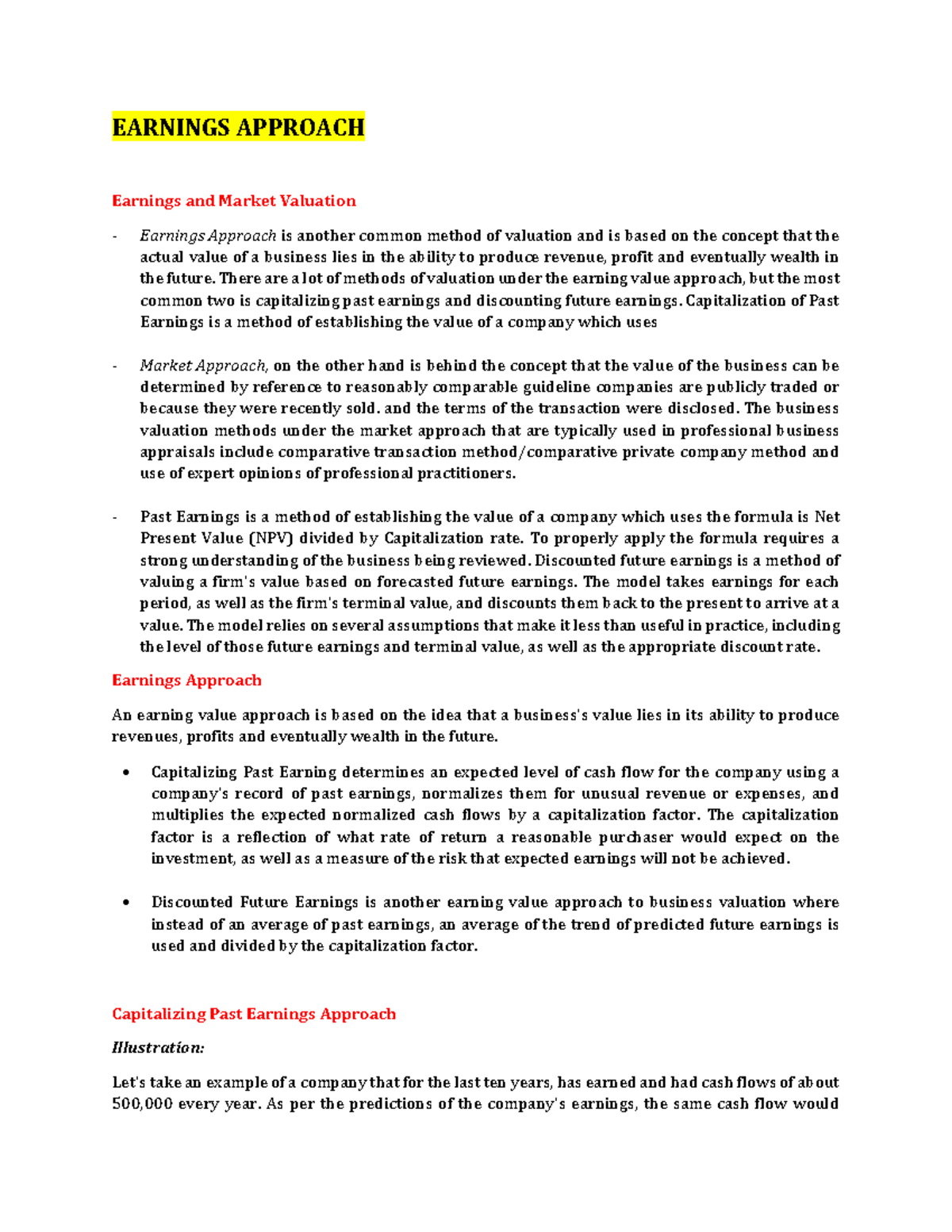 Earnings Approach: Valuation Methods & Limitations Analysis - Studocu