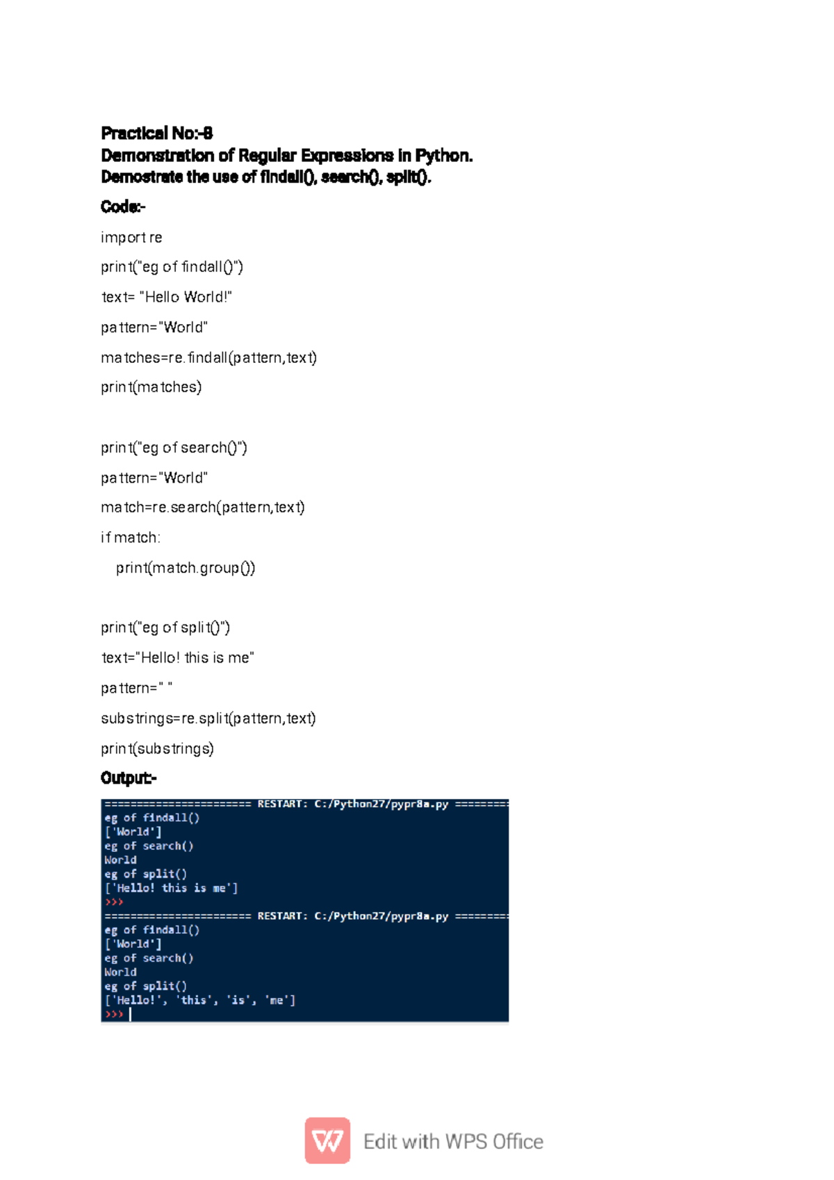 Python (Prac 8,9) - Practical - Practical No:- Demonstration of Regular Expressions in Python ...