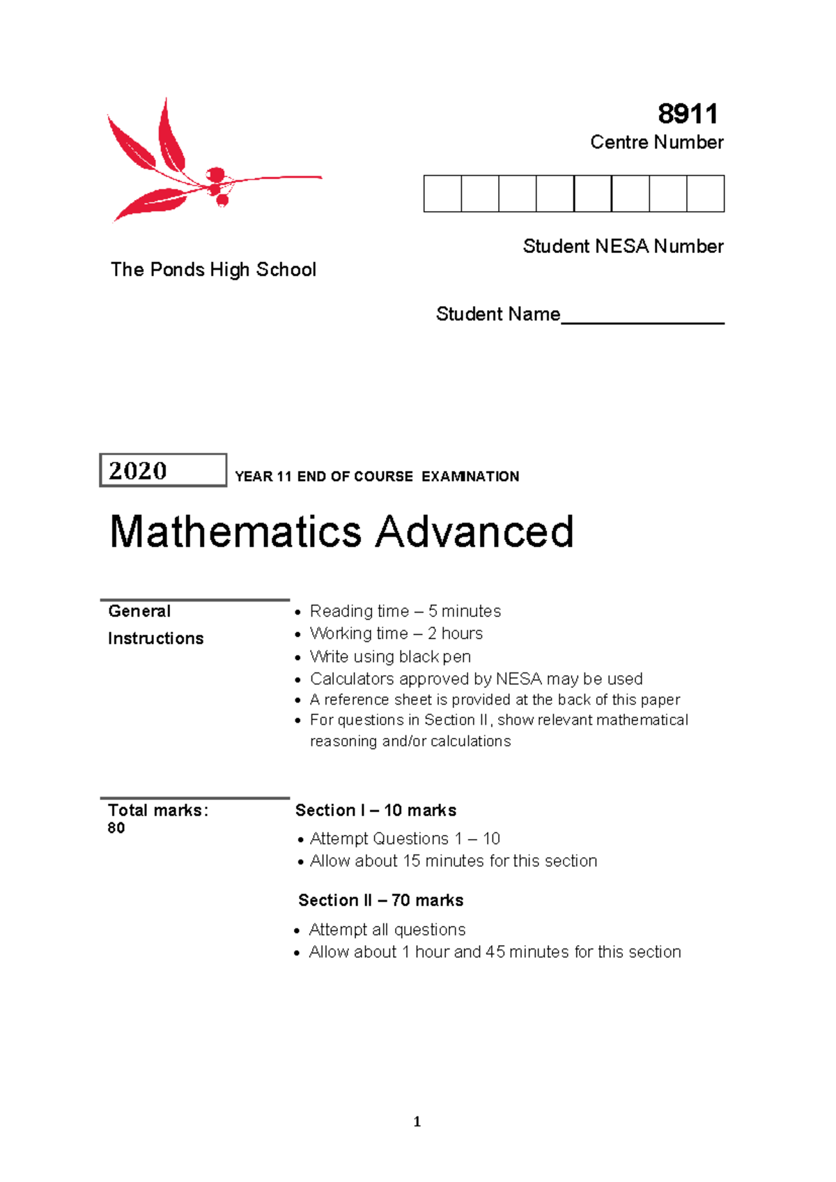 2020 Year 11 Final Exam Mathematics Advanced - The Ponds High School ...