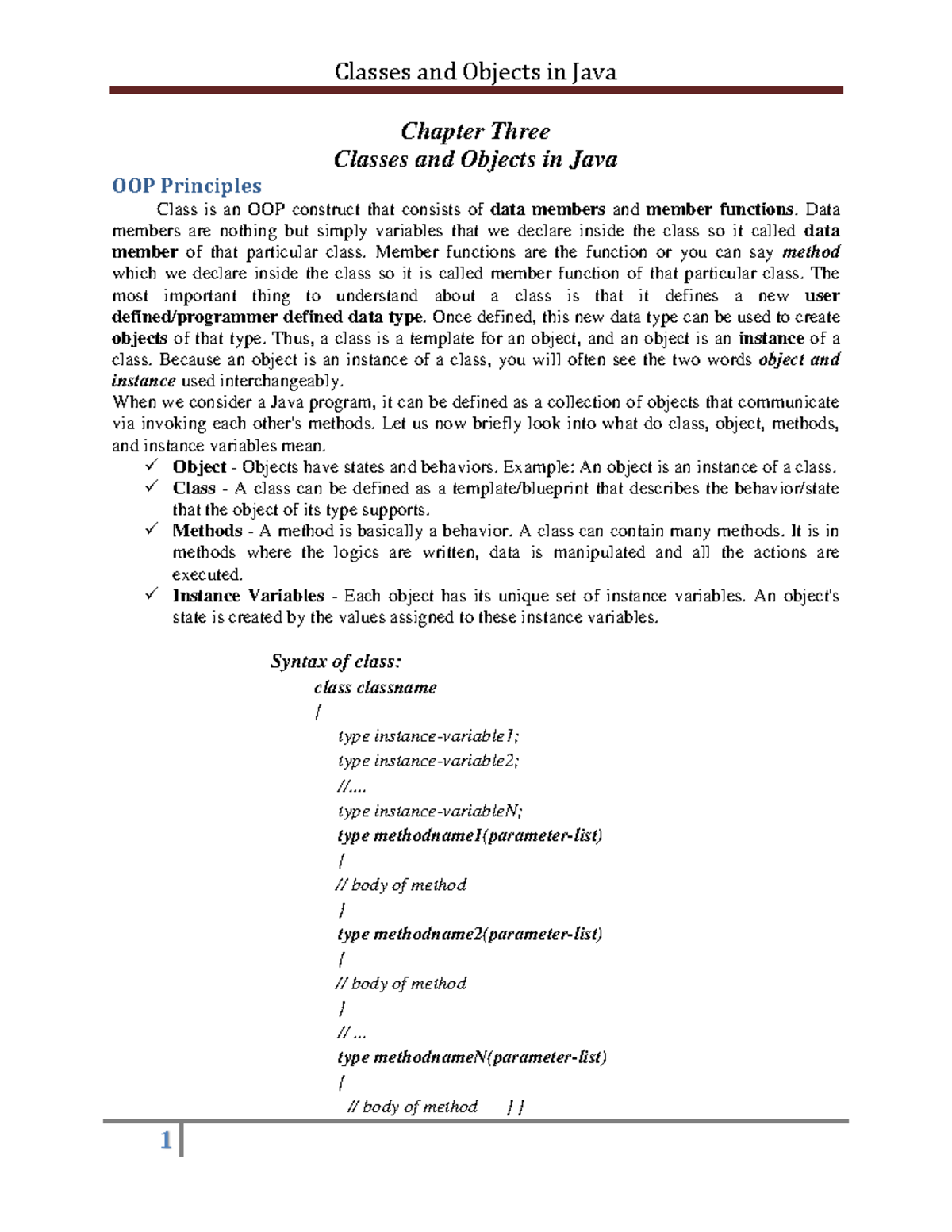 Chapter 3 Classes and Objects - Chapter Three Classes and Objects in ...