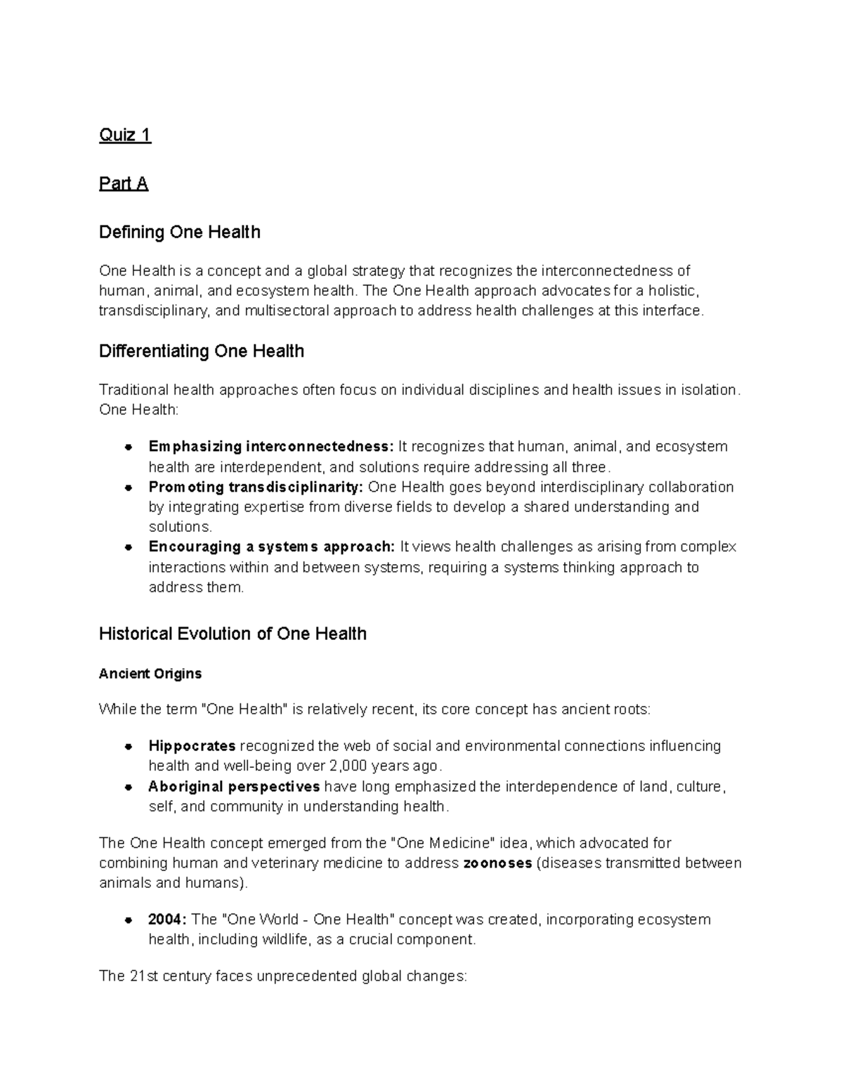 One Health Quiz Notes - Interconnected Health Concepts and Challenges ...