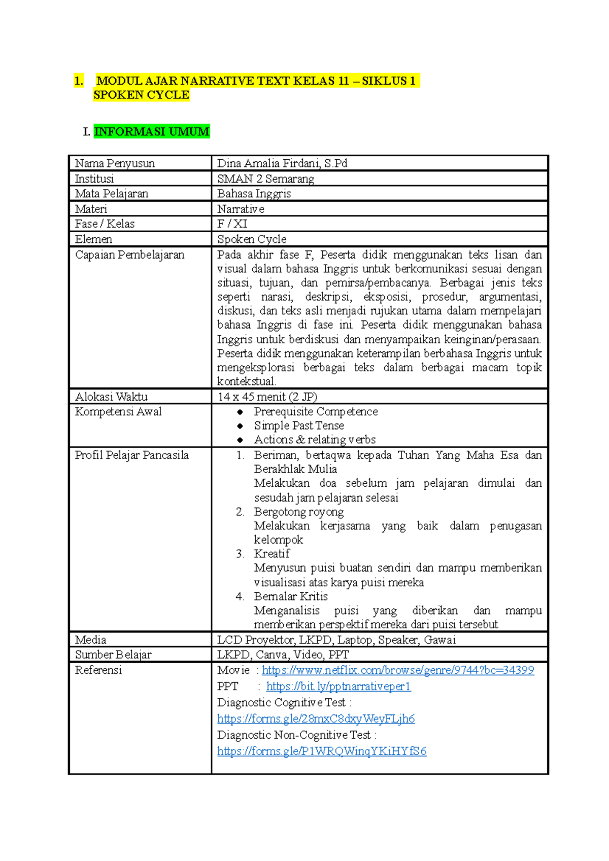 Modul Ajar Narrative Text Kelas 11 - Siklus 1 dan Pendekatan ...