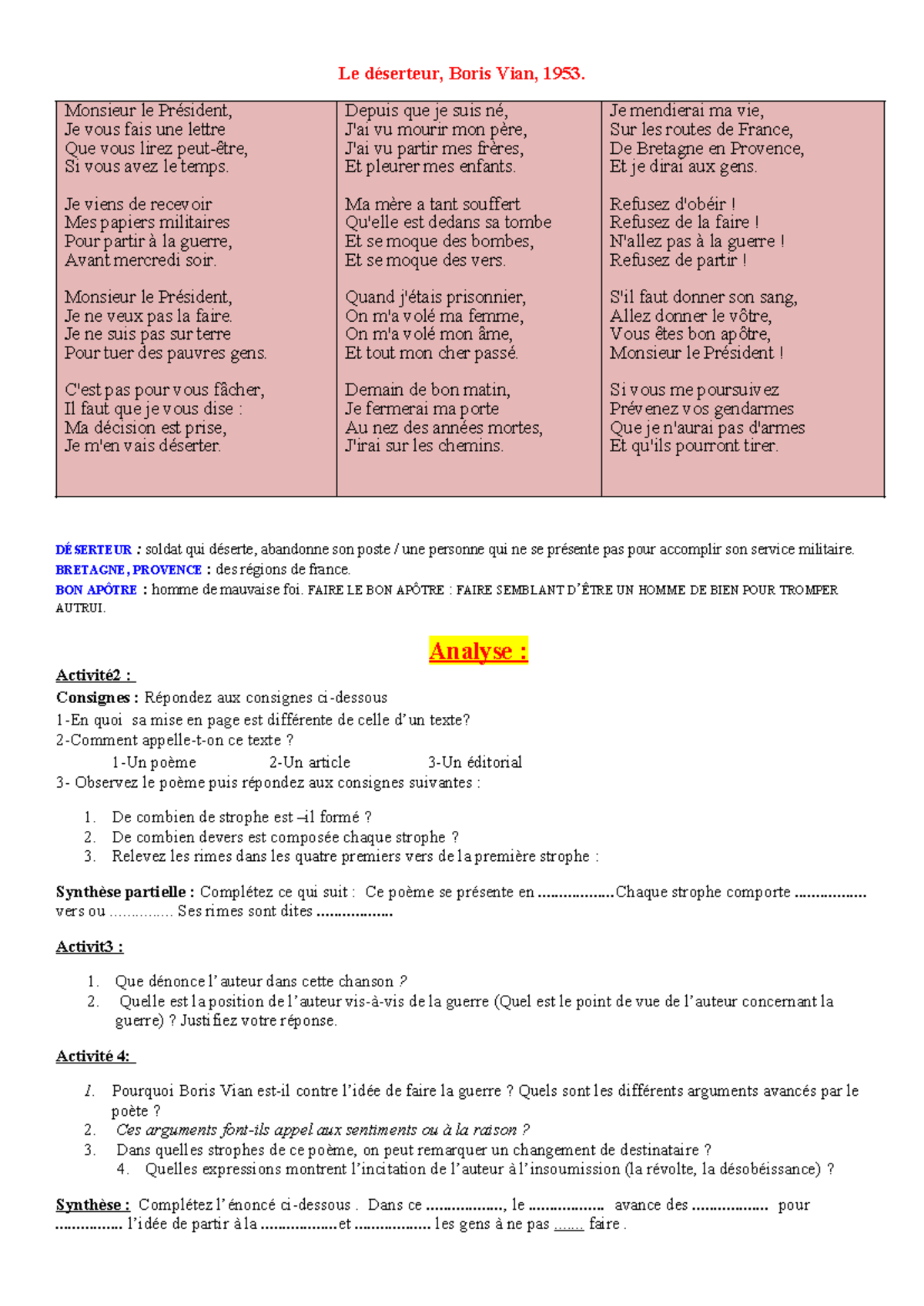 Analyse du poème "Le déserteur" de Boris Vian - Cours 1as - Studocu