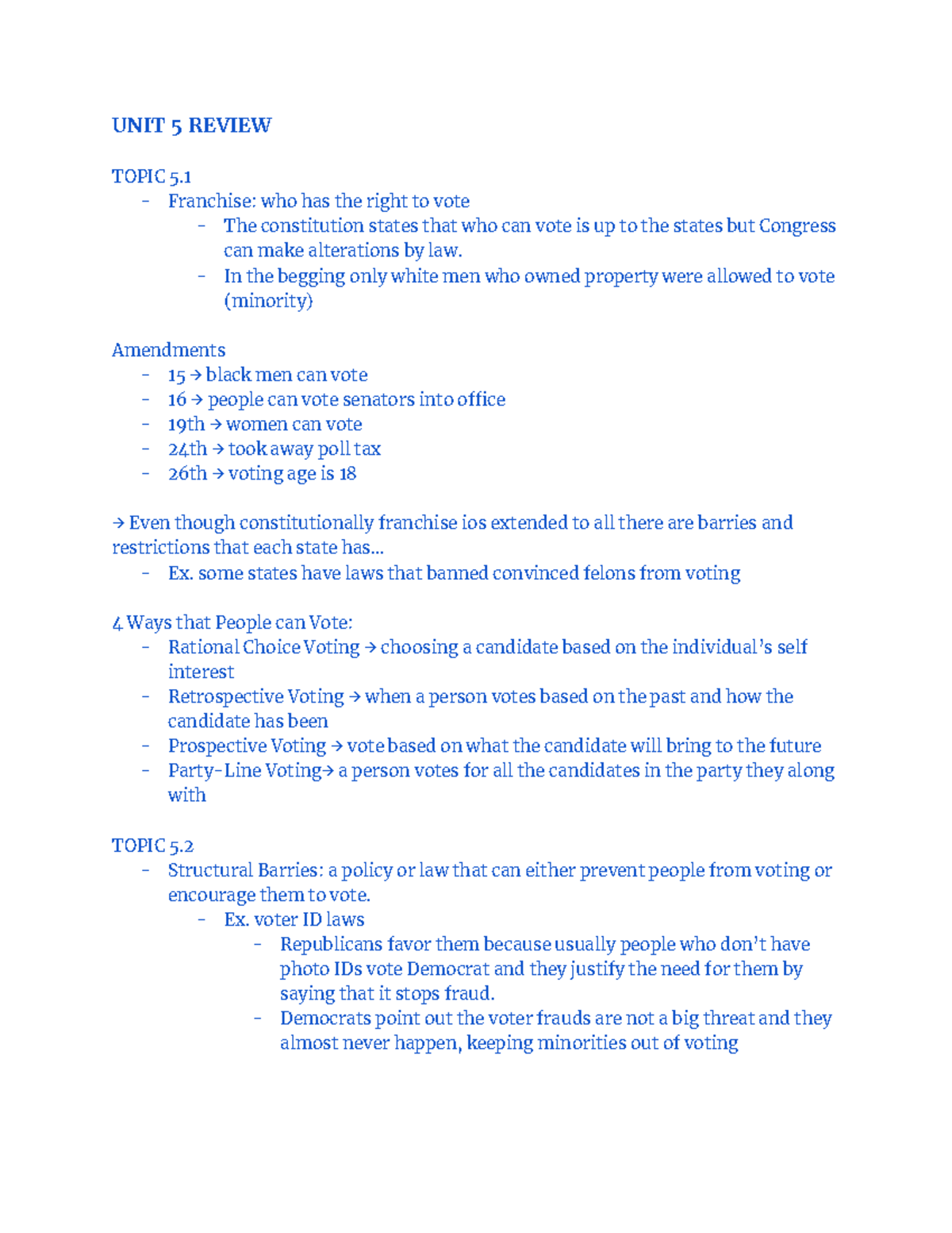AP GOPO Unit 5 Review - Voting Rights & Political Influence Notes - Studocu