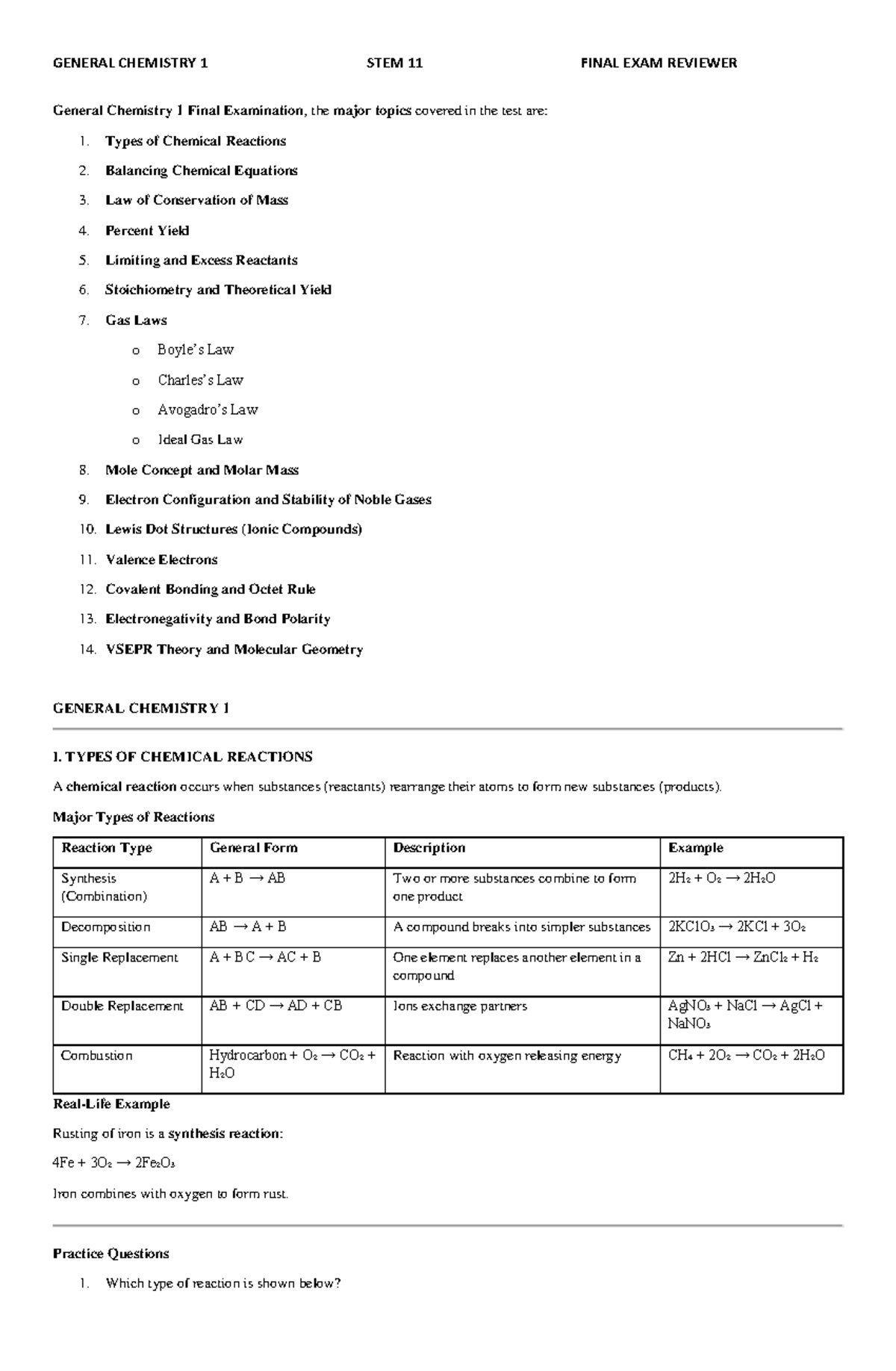 GENERAL CHEMISTRY 1 STEM 11 FINAL EXAM REVIEWER - Studocu